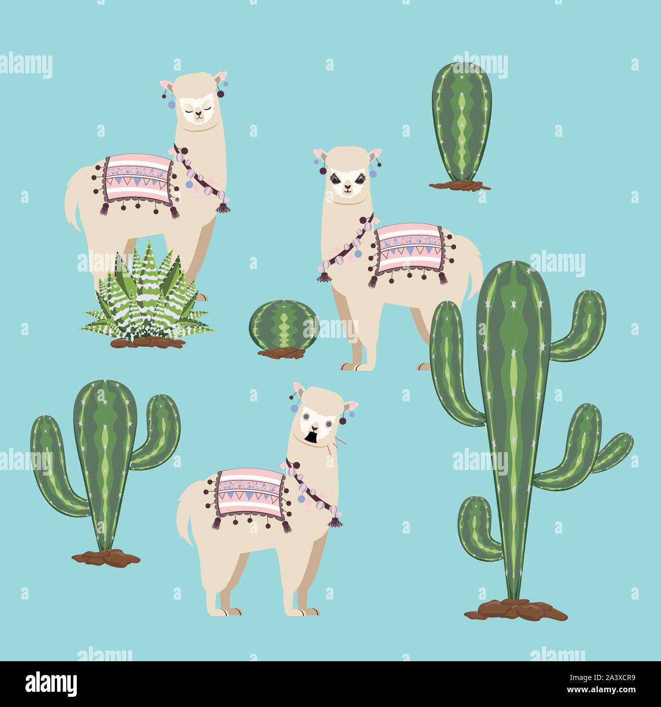 Cute cartoon Alpaca with cactuses design background Stock Vector Image ...