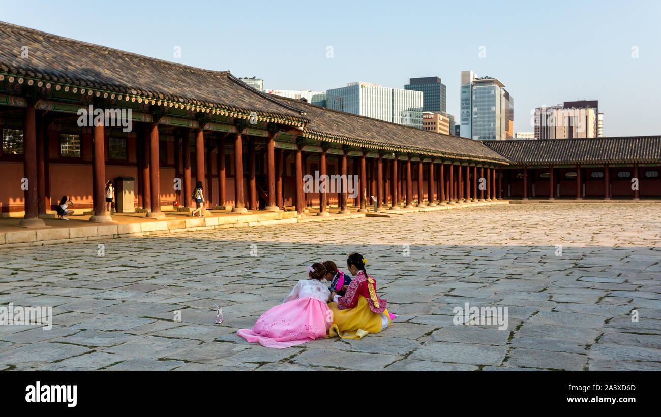 Seoul, South Korea - June 18, 2017: Three young women in colorful ...