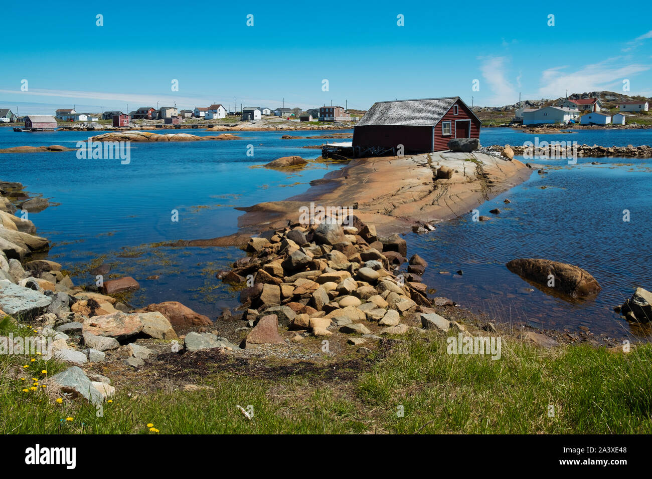 Slanted old red stage shed in Tilting, Fogo Island, Newfoundland Stock ...