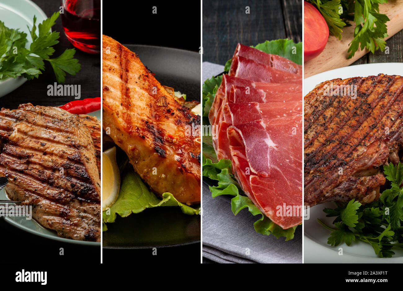 A collection of warm and cold meat dishes. Includes pork, chicken and ...