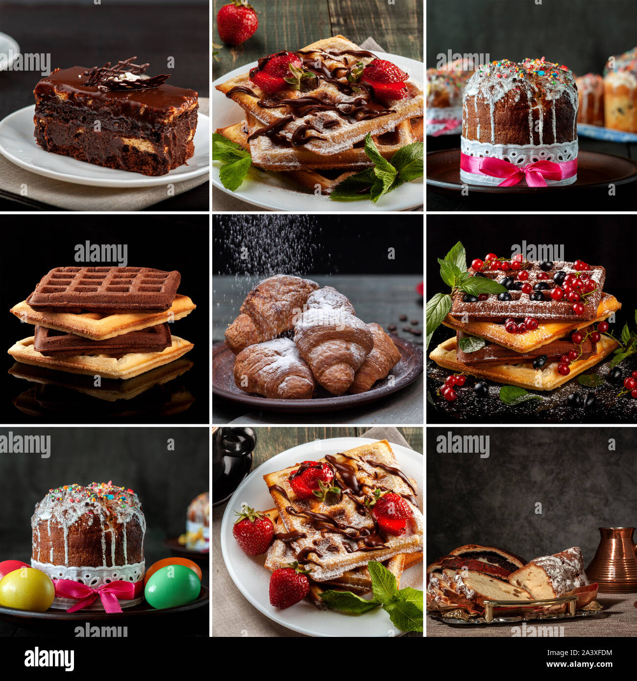 Nine different pictures of cakes, sweets and pastries collected in a ...