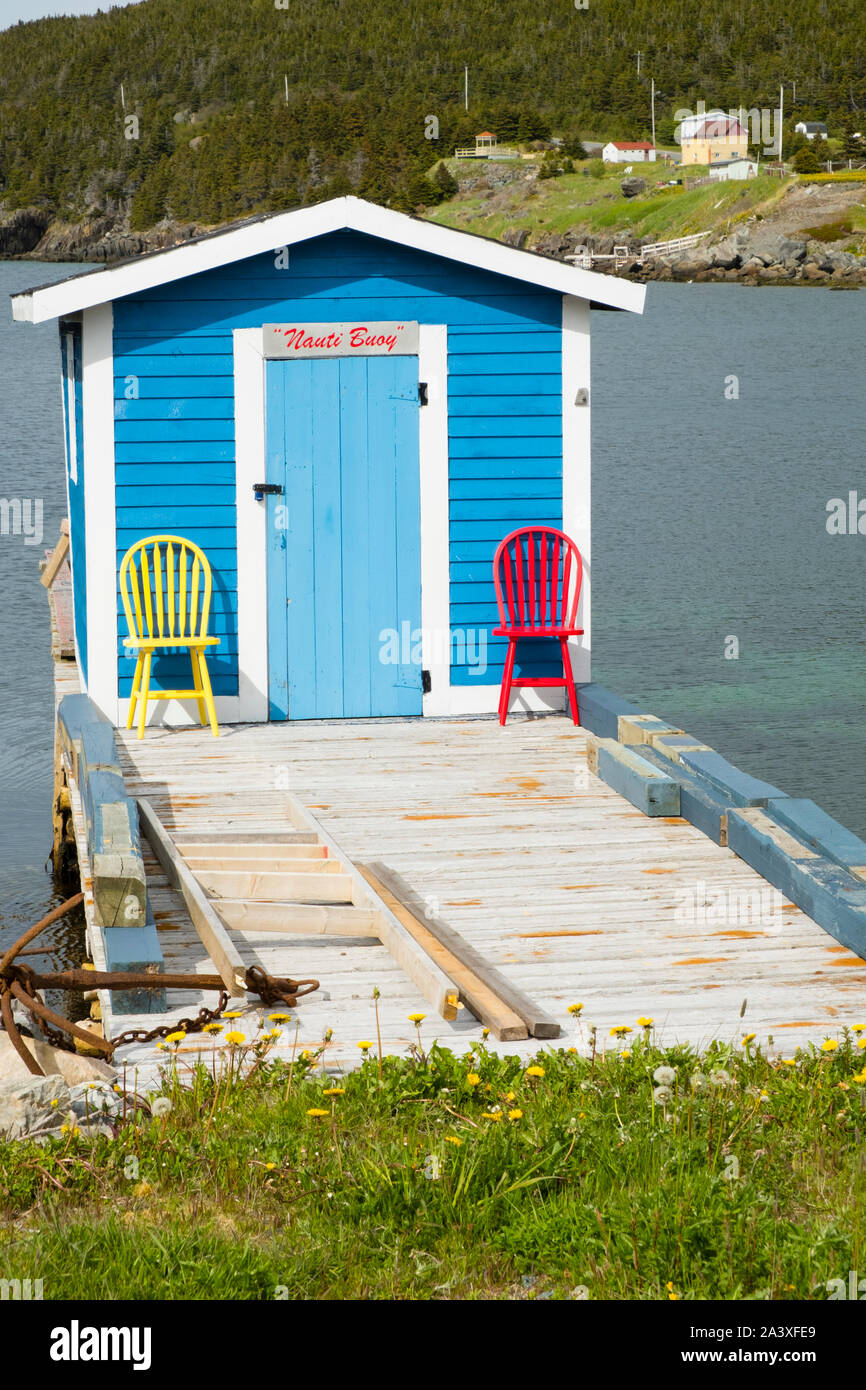Bright blue fishing stage in New Perlican, Newfoundland Stock Photo - Alamy