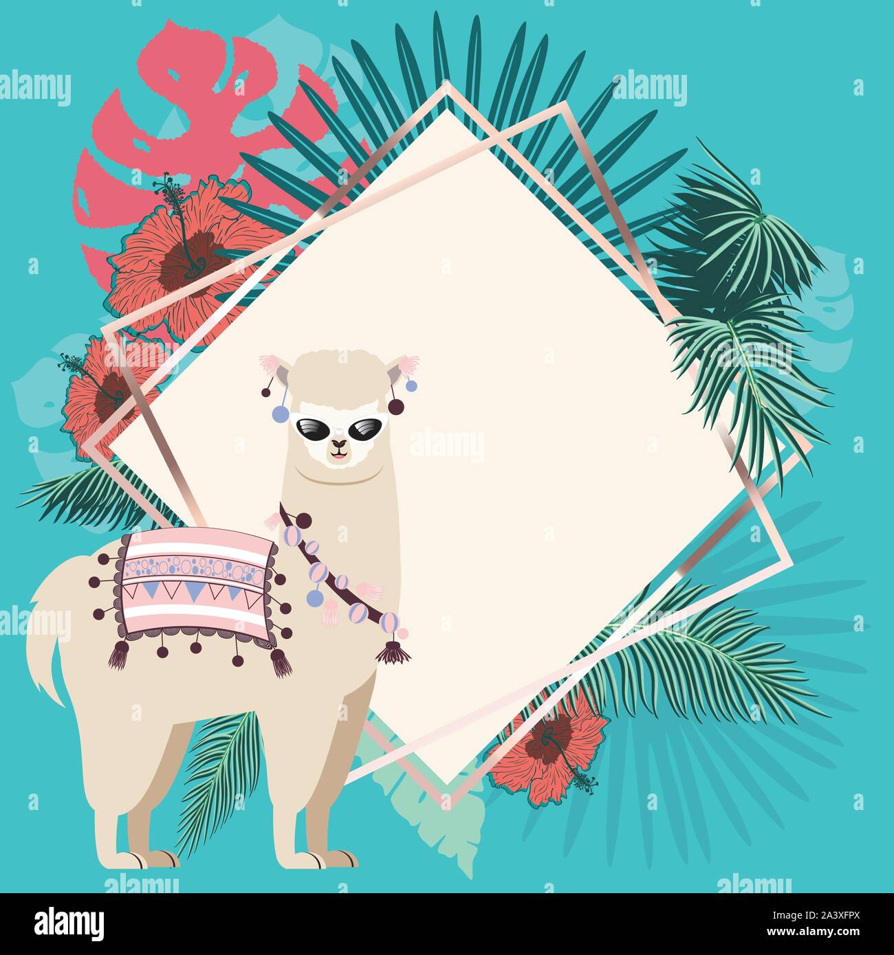 Floral banner with cute alpaca, tropical leaves and flowers design ...