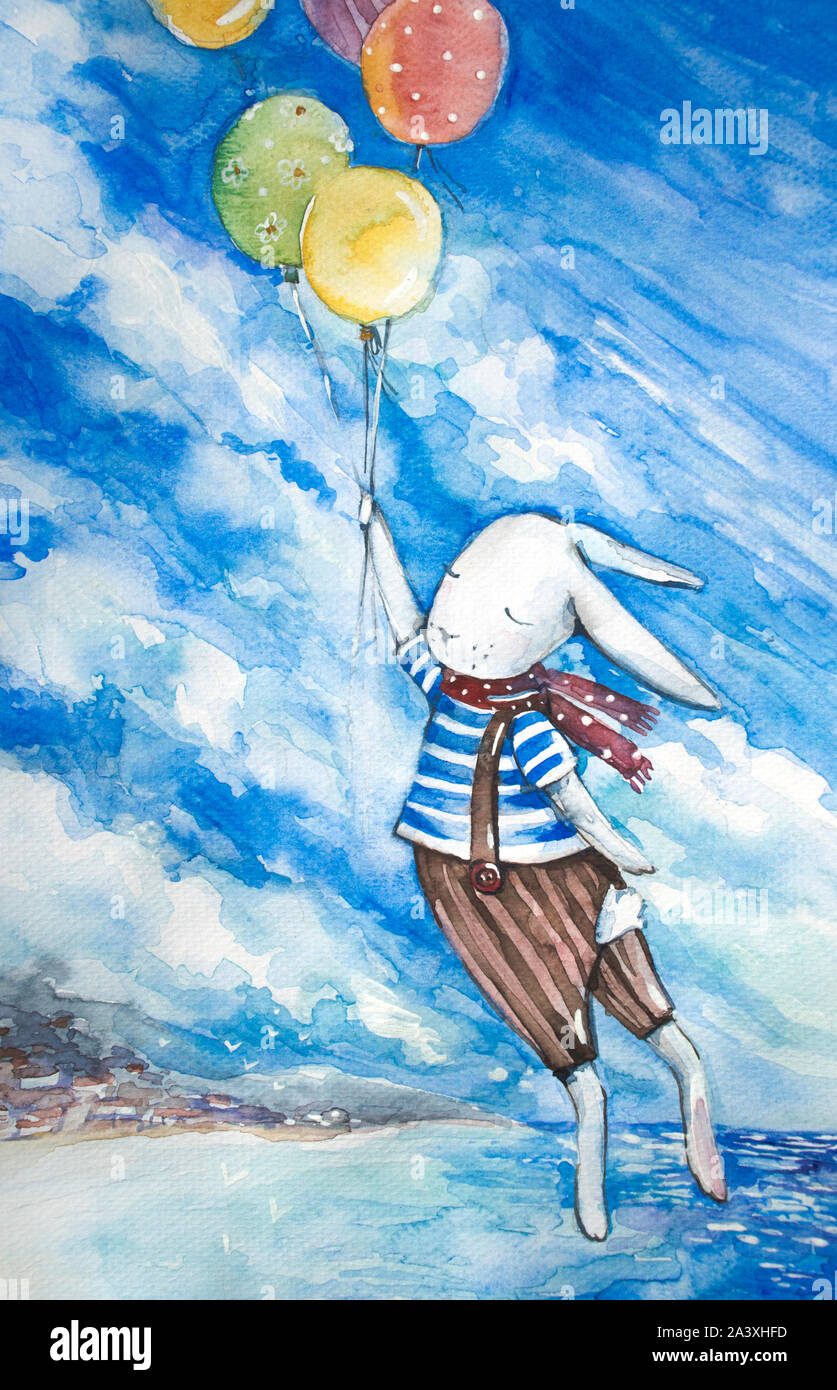 Cute bunny flying with colorful balloons in the sky under sea landscape ...