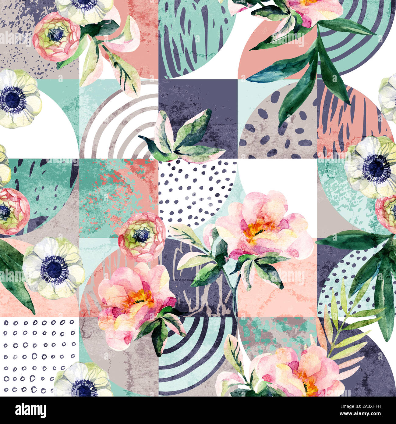 Modern seamless geometric and floral pattern: watercolor flowers and ...