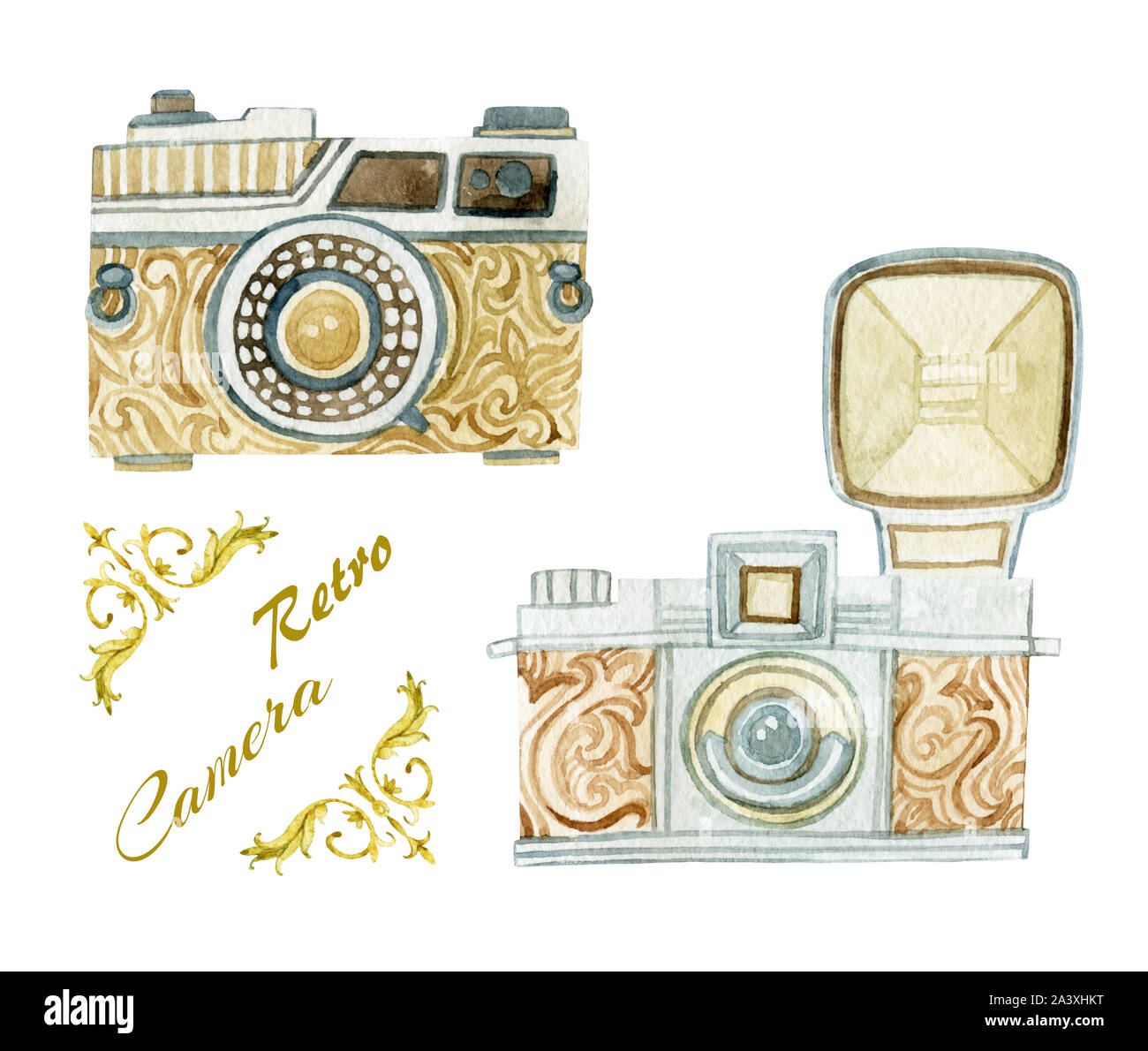 Cameras set in retro style. Old fashioned reflex camera. Hand painted ...