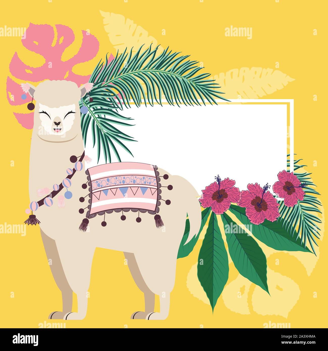 Floral banner with cute alpaca, tropical leaves and flowers design ...