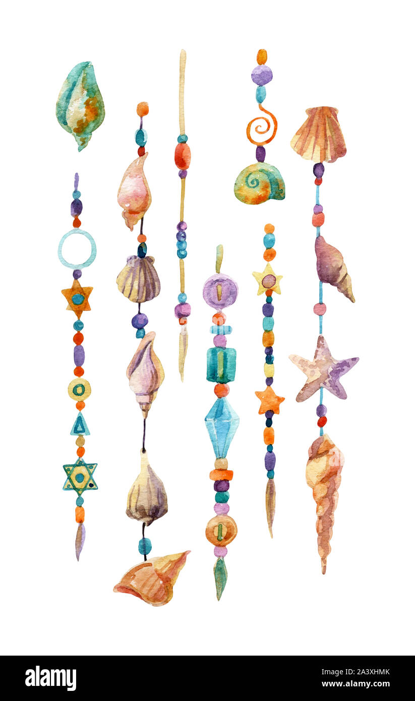 Watercolor jewellery set with sea shells, beads, feathers isolated on ...