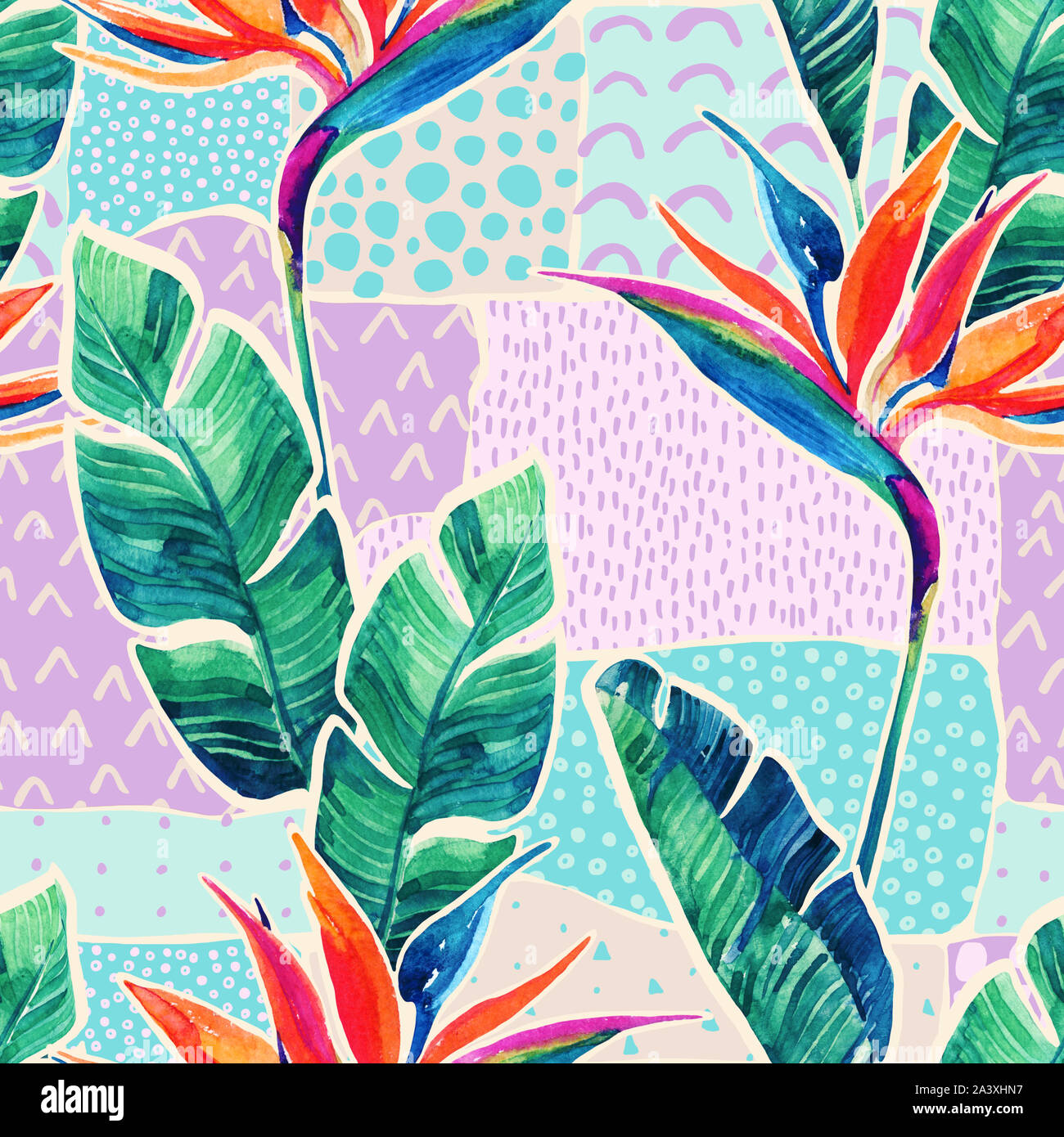 Watercolor tropical flowers on geometric background with doodles. Hand ...
