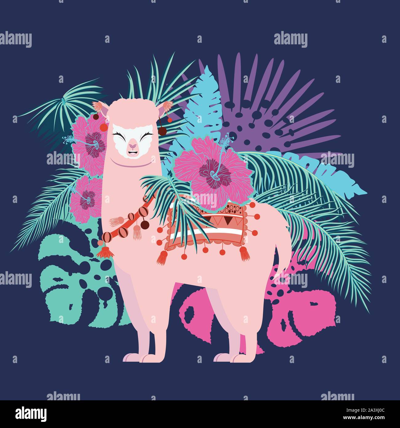 Floral banner with cute alpaca, tropical leaves and flowers design ...
