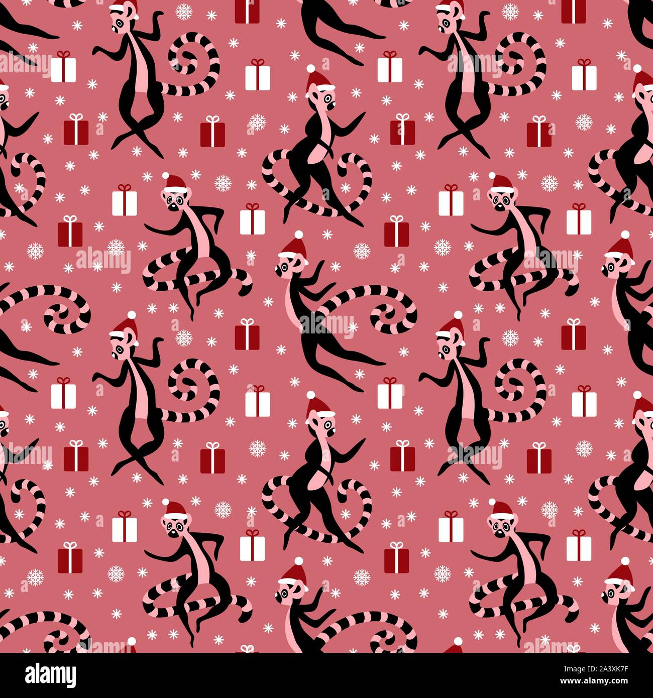 Cristmas seamless pattern with cute lemurs. Madagascar animals in red ...