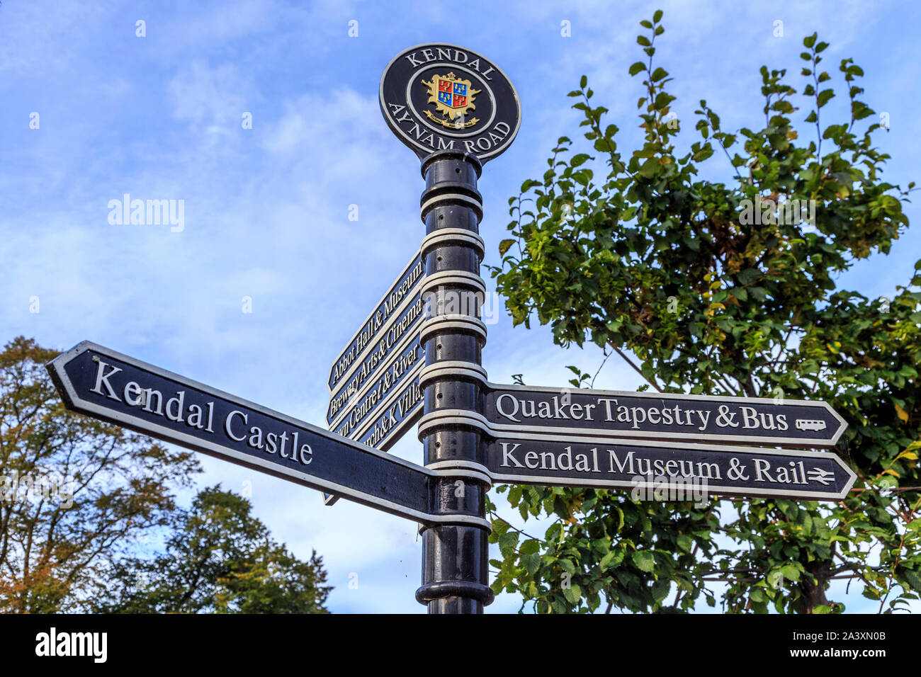 kendal town centre signpost, lake district national park, cumbria ...