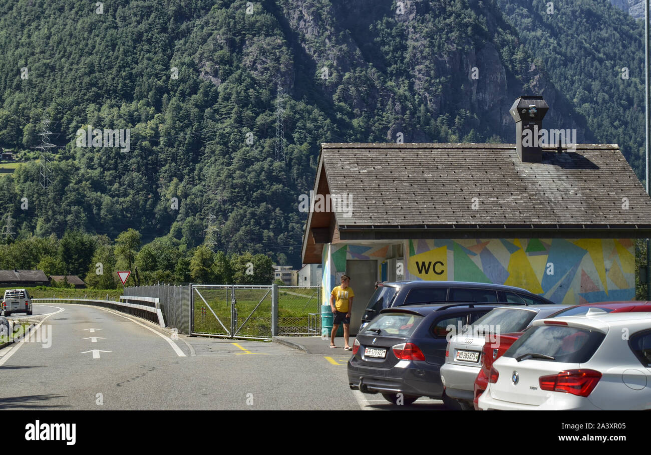 Switzerland, August 2019. Highway to Germany, a rest area with public ...