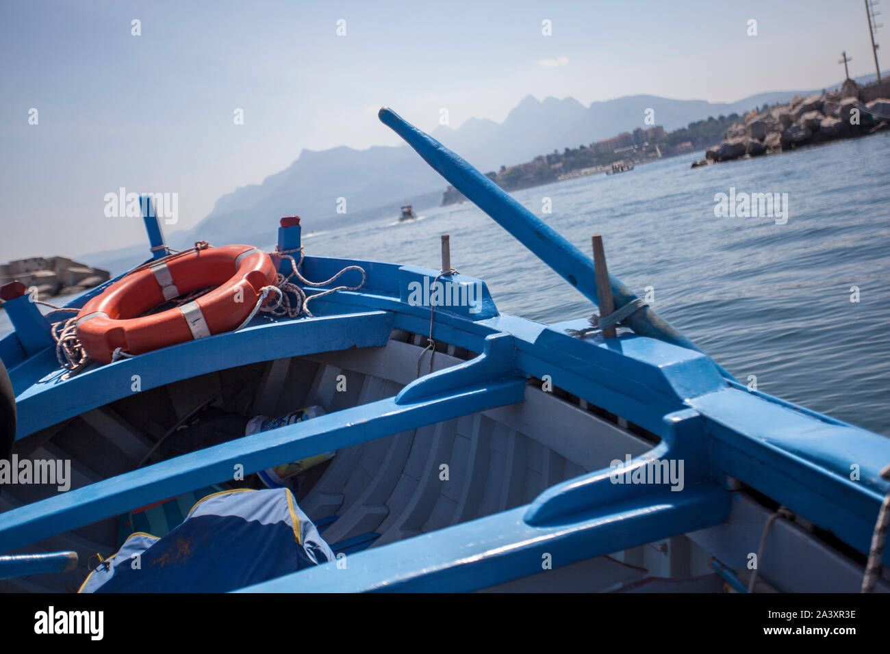 Rowing blue boat detail 2 Stock Photo - Alamy