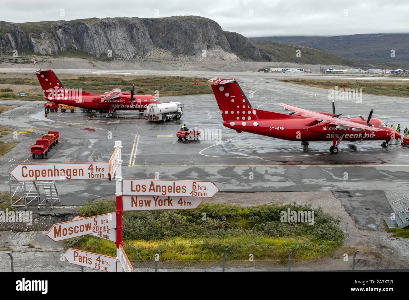 AIRGREENLAND PLANES ON THE TARMAC AT THE KANGERLUSSAQ AIRPORT ...