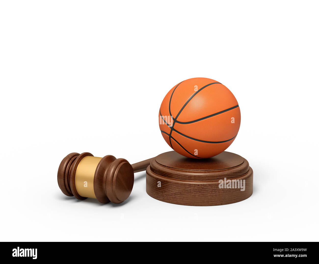 3d rendering of basketball on sounding block with judge gavel lying ...