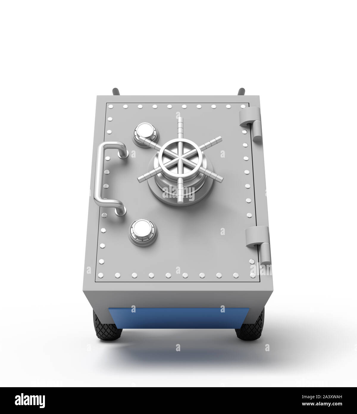 3d rendering of big light-grey metal safe on blue hand truck Stock ...