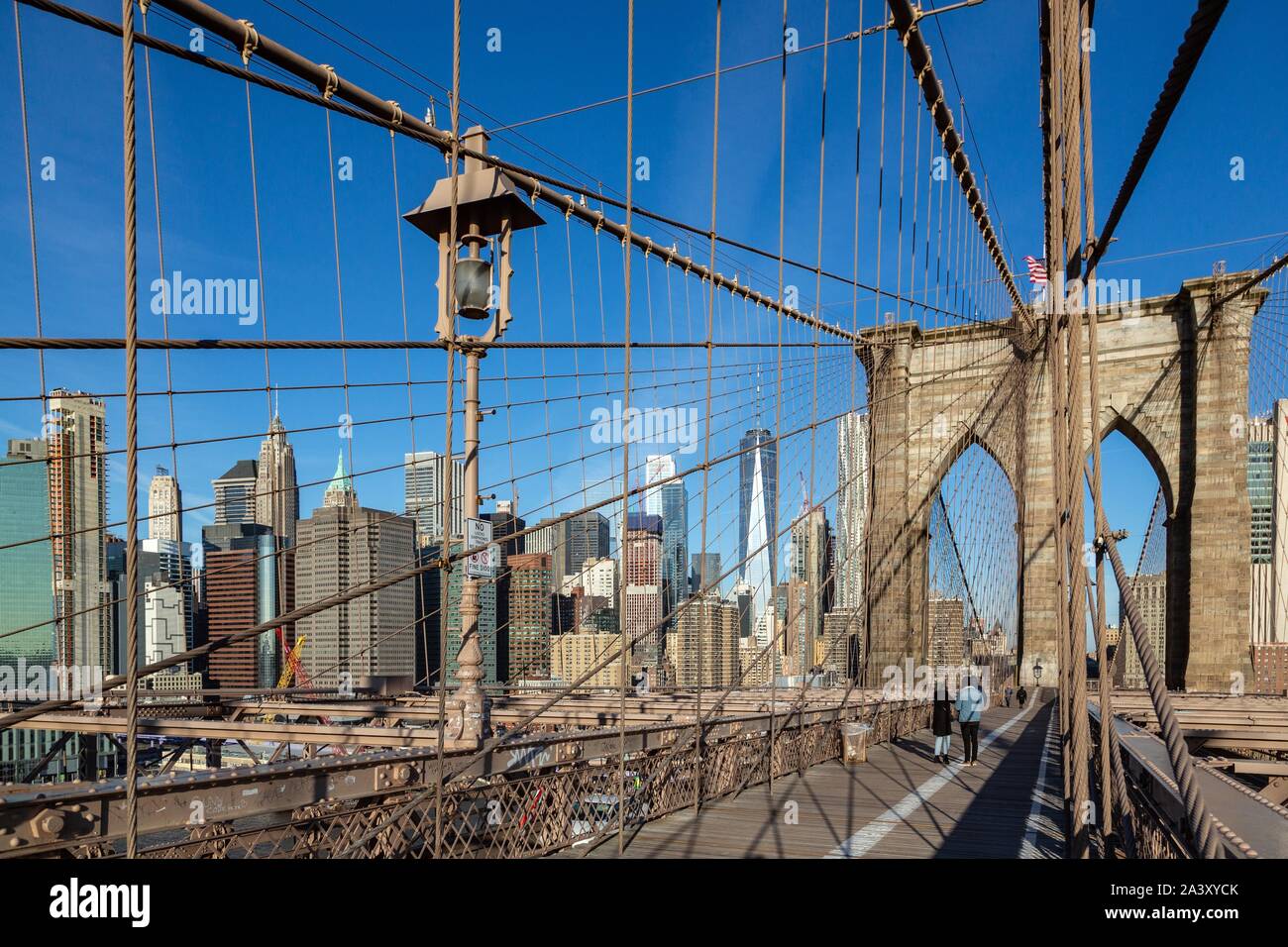 VIEW FROM THE BROOKLYN BRIDGE OF THE HIGH-RISES IN LOWER MANHATTAN, NEW ...
