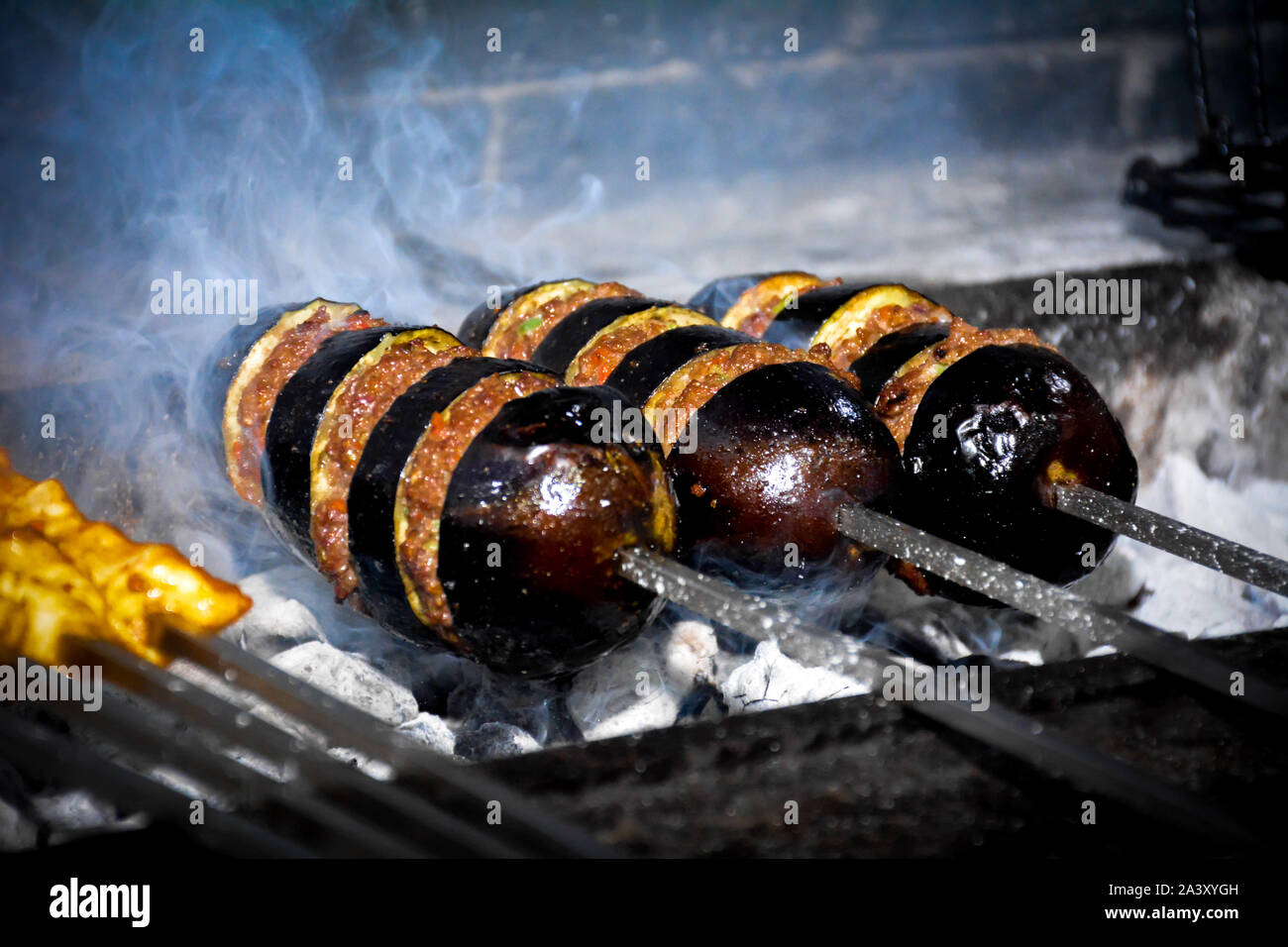 Arabic KEBAB BATINJAN grill on coal outdoor | Mashawi Kabab & Tawook ...