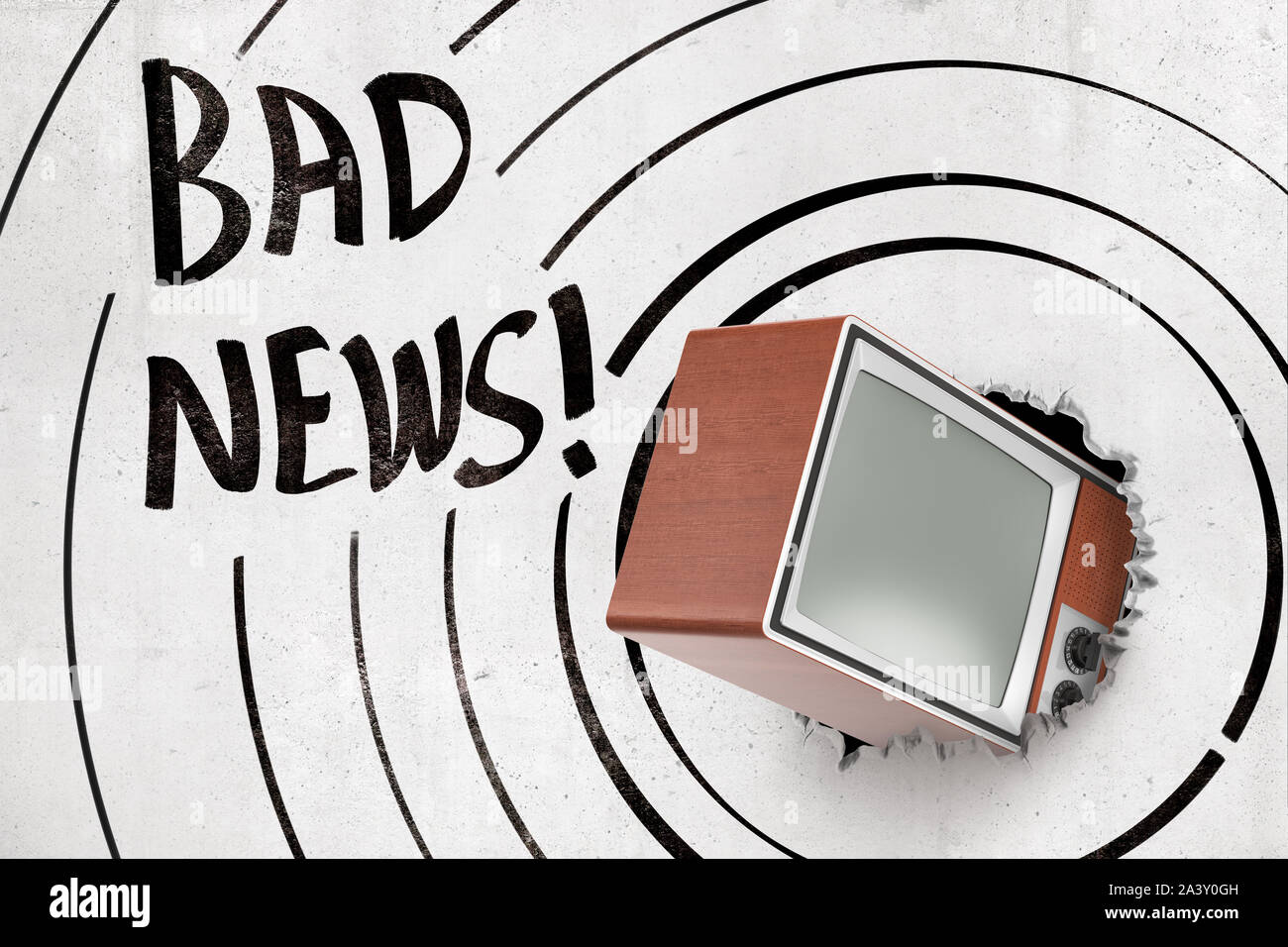 3d rendering of vintage tv set breaking white wall with 'Bad news' sign ...