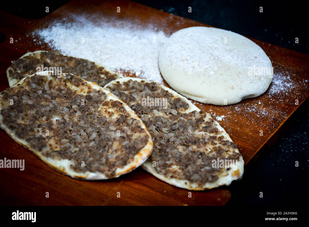 Traditional eastern lahm bajeen black Arabic Middle Eastern food Stock ...