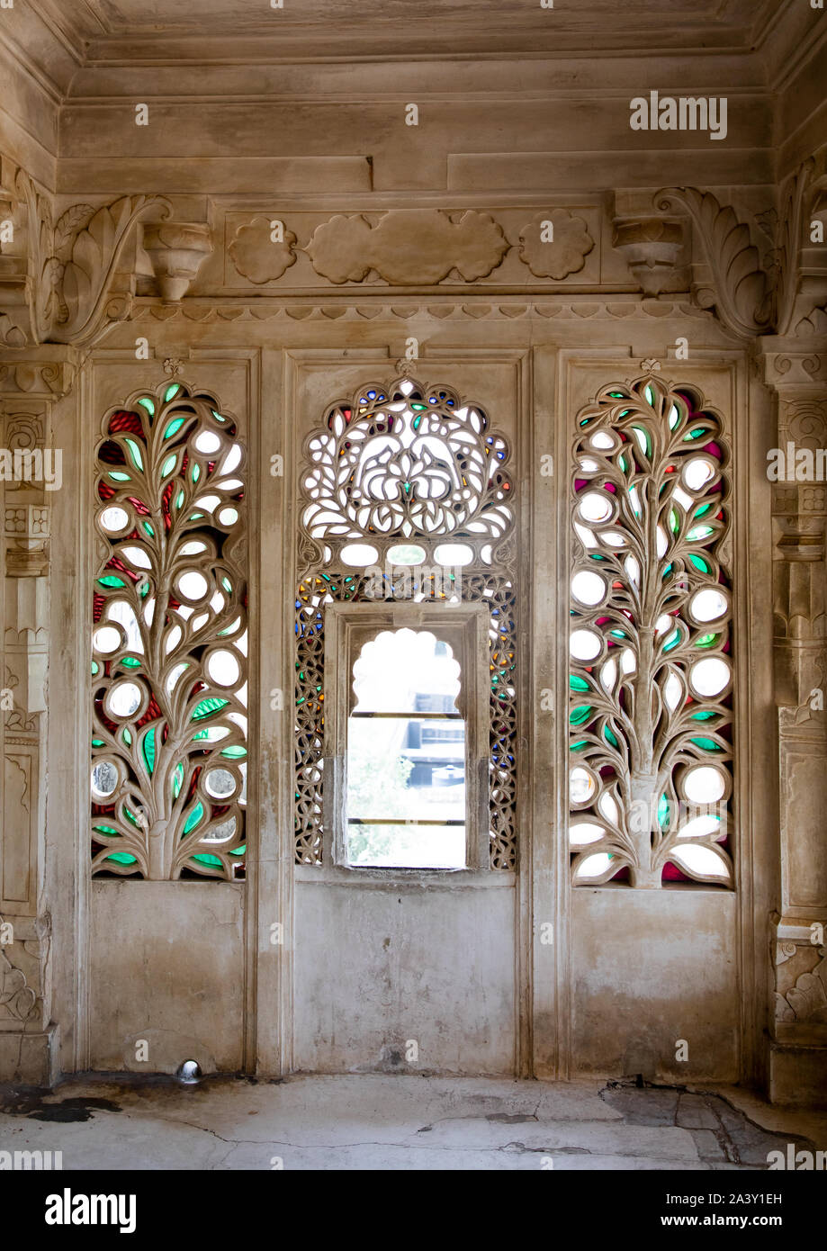 Multi coloured stained glass windows in the palace, Rajasthan, Udaipur ...