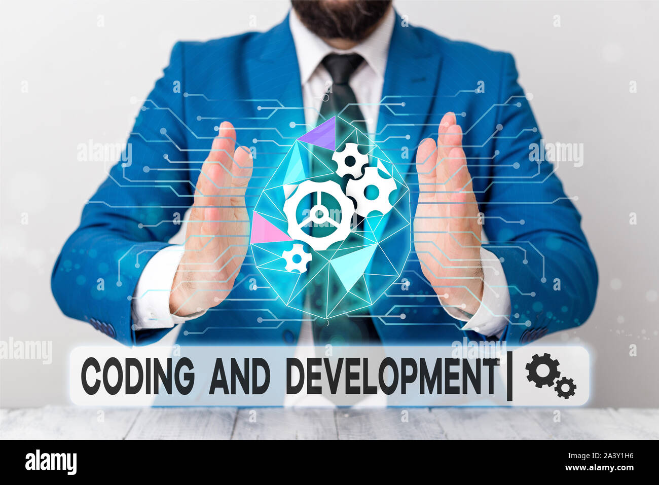 Text sign showing Coding And Development. Business photo showcasing Programming Building simple ...