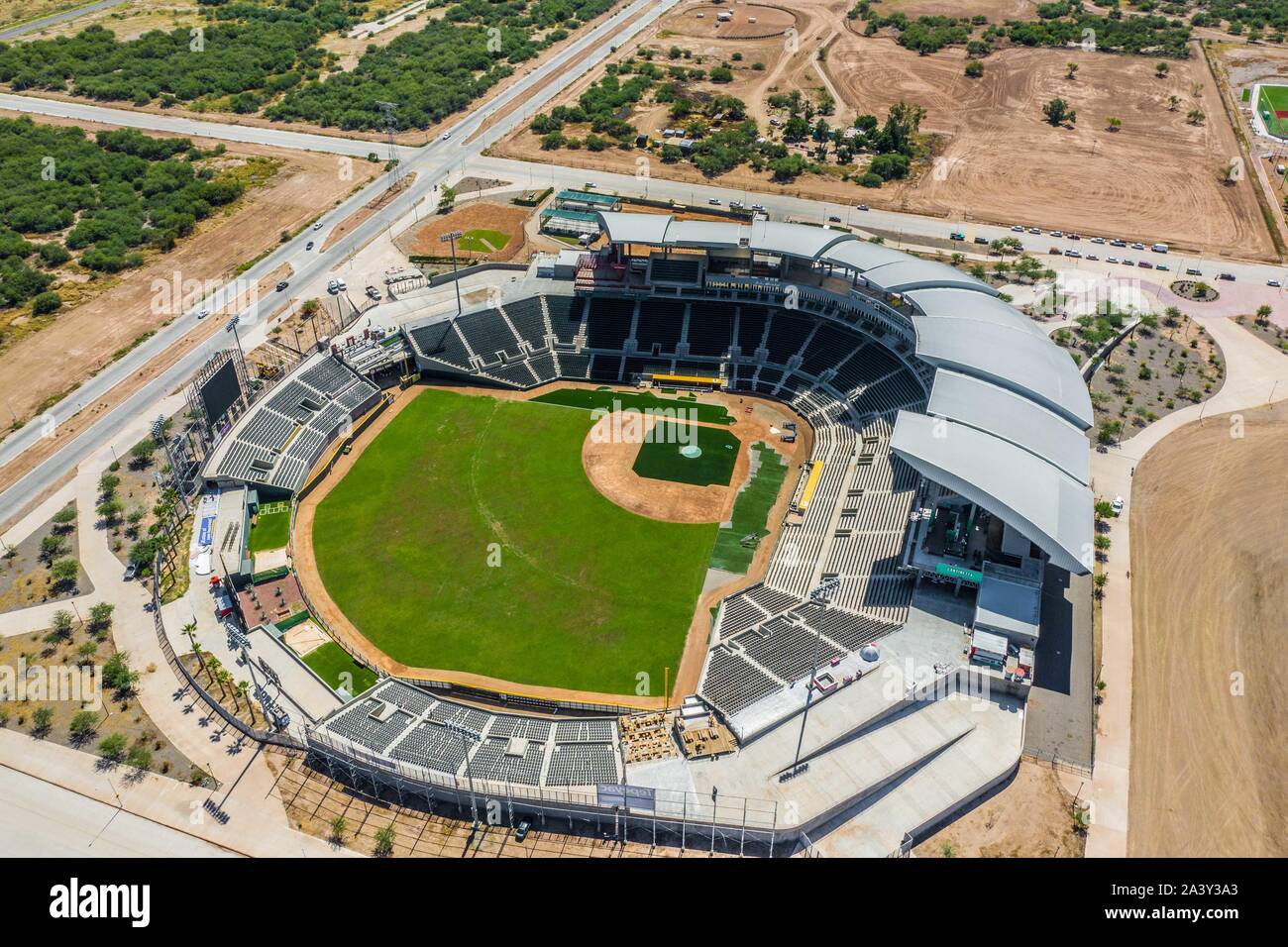 Aerial view, aerial photography of the Yaquis baseball stadium of ...