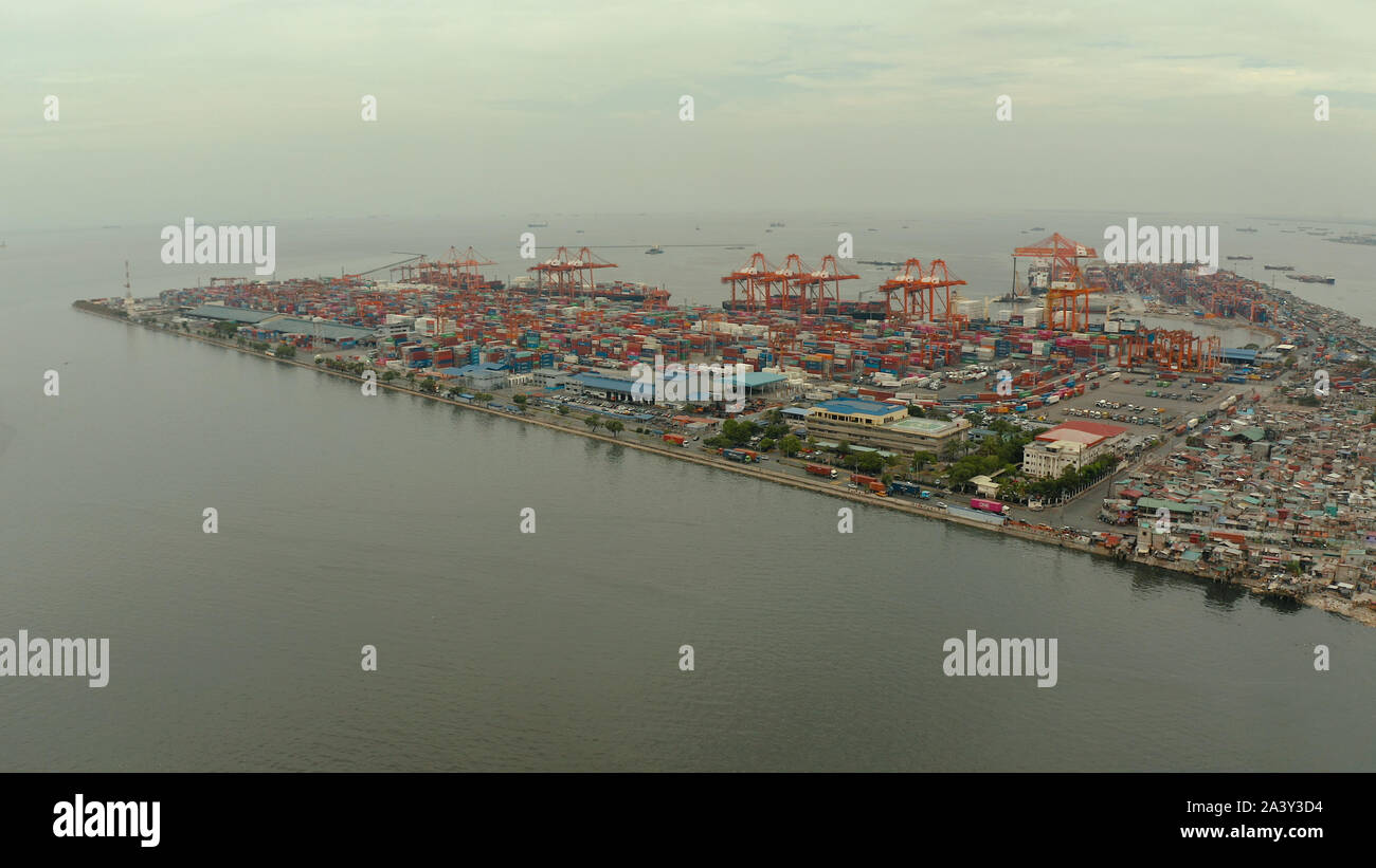 Aerial view of container terminal in the city of Manila. Largest cargo ...