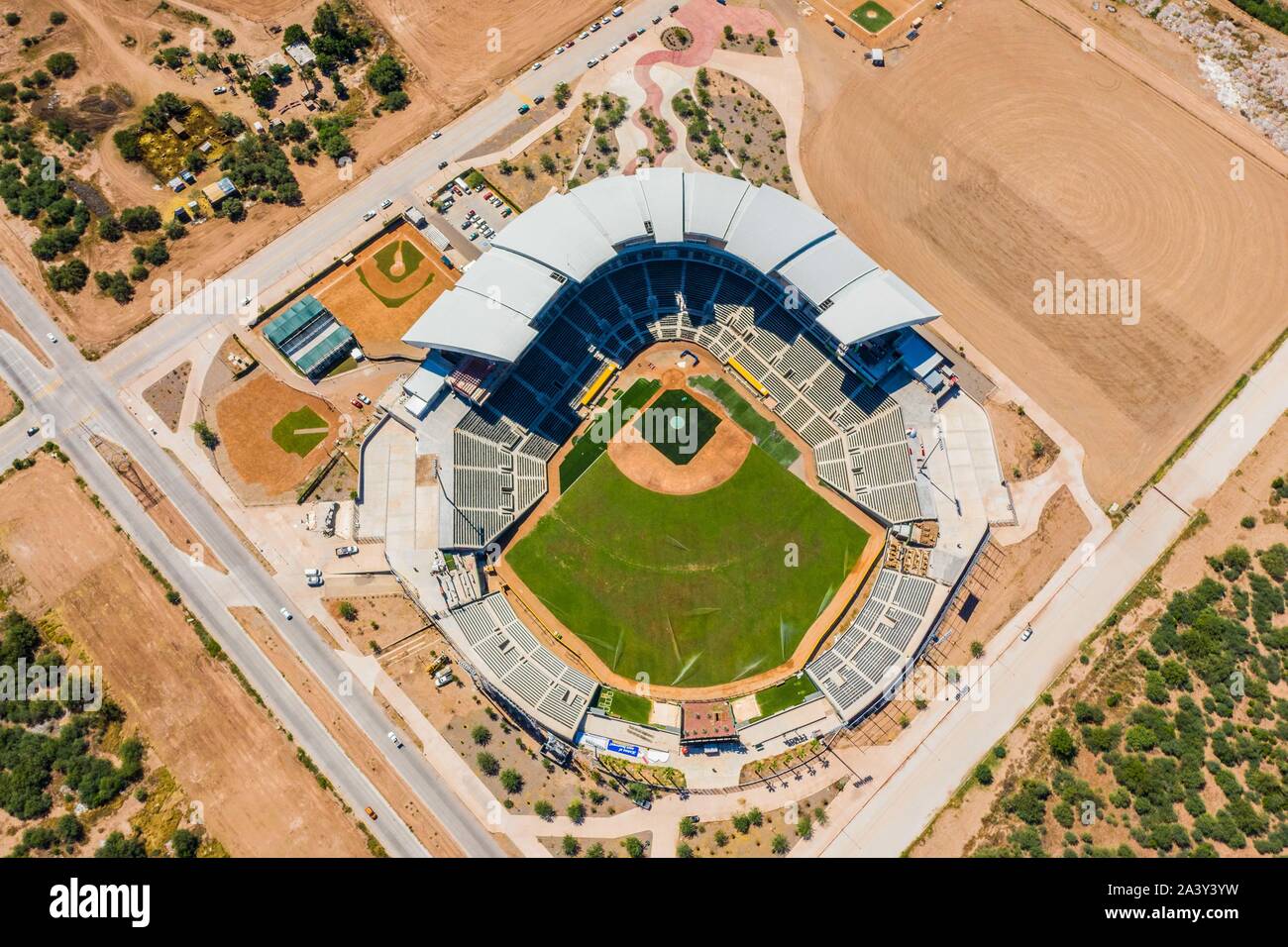 Aerial view, aerial photography of the Yaquis baseball stadium of ...
