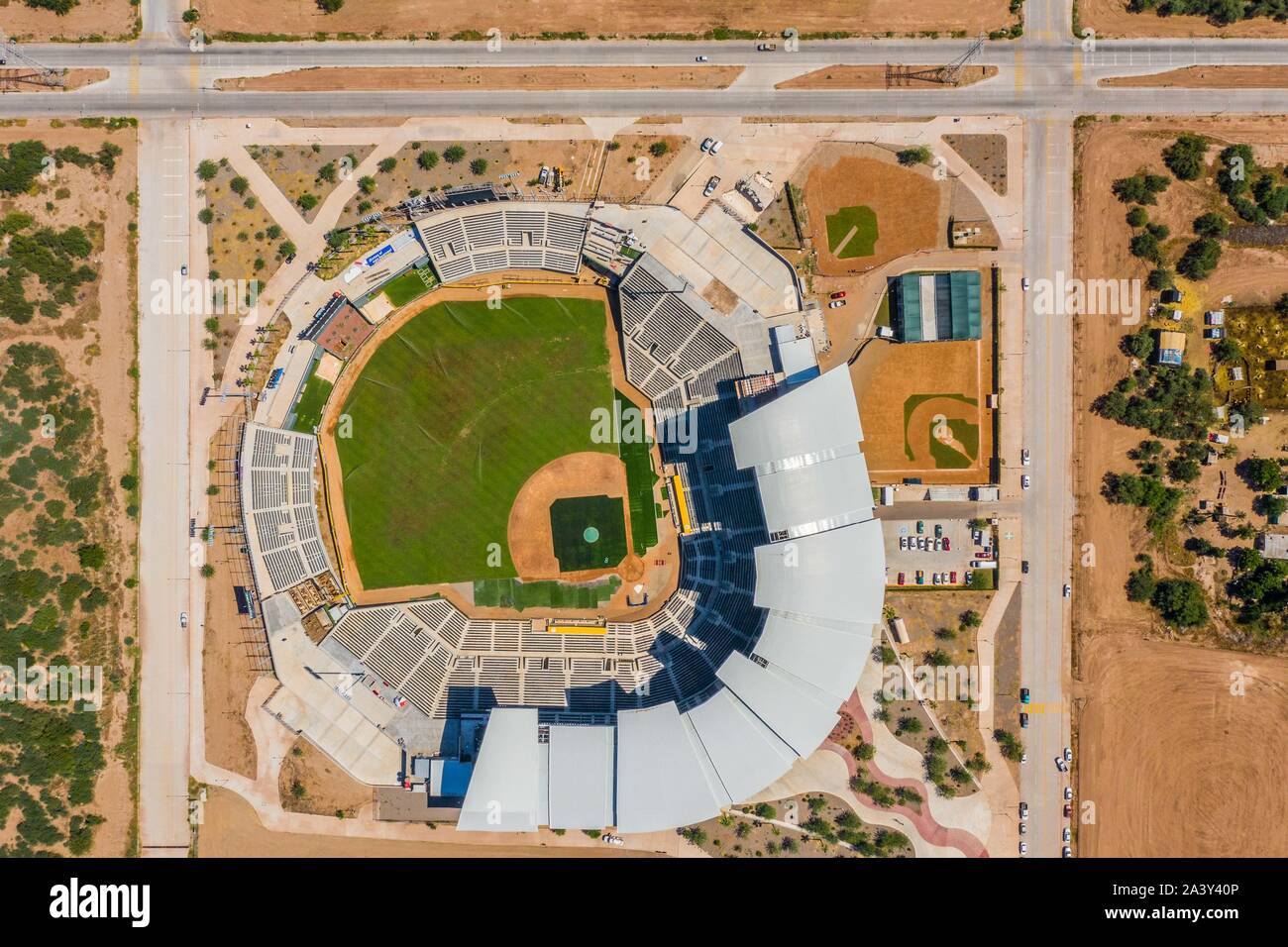 Aerial view, aerial photography of the Yaquis baseball stadium of ...