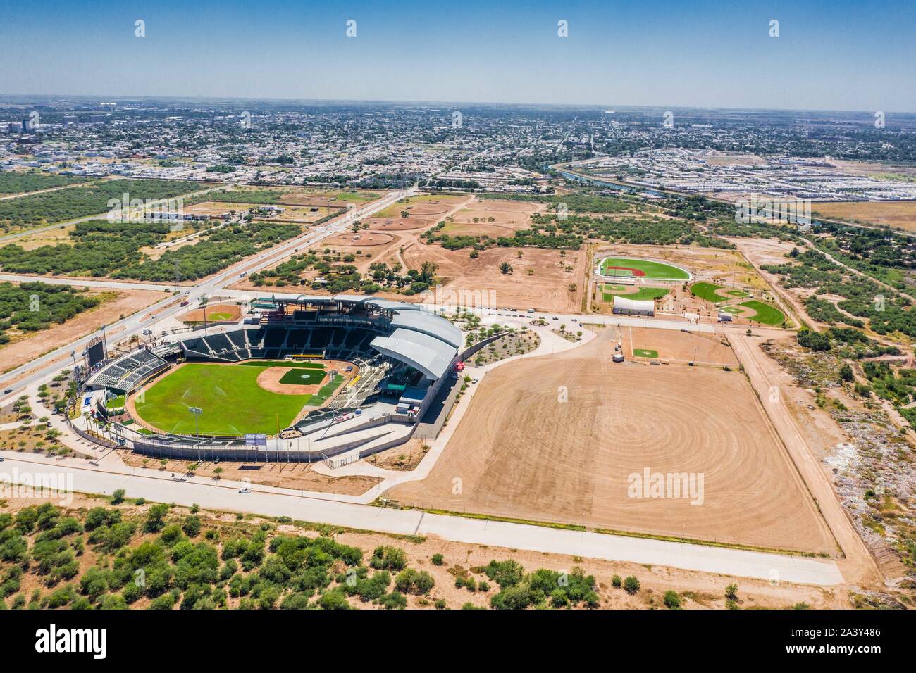 Aerial view, aerial photography of the Yaquis baseball stadium of ...