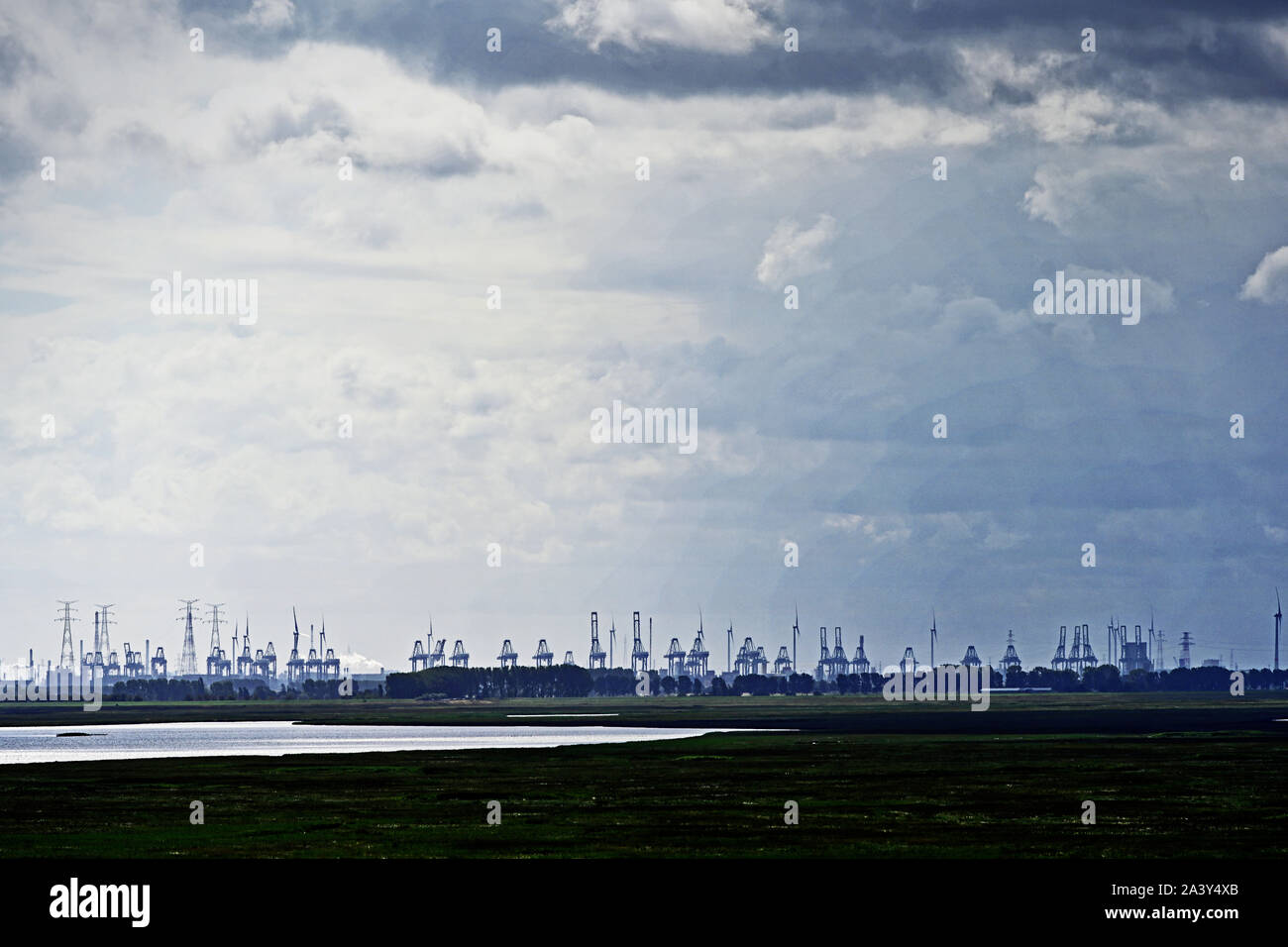 Antwerp Belgium August 10 2019 container cranes windfarm and power ...