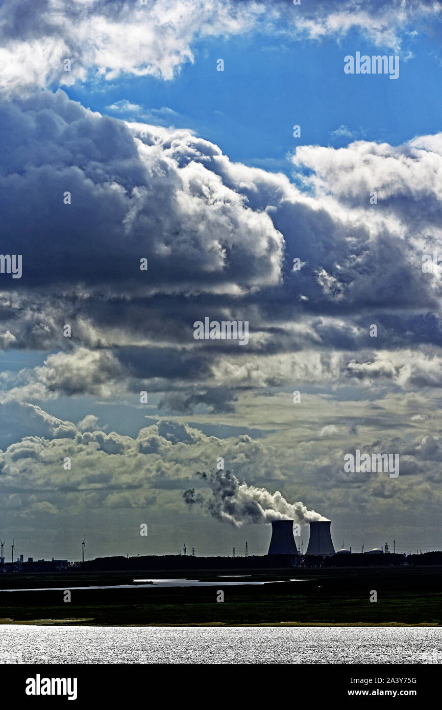 Antwerp Belgium August 10 2019 power lines windfarm and two power ...