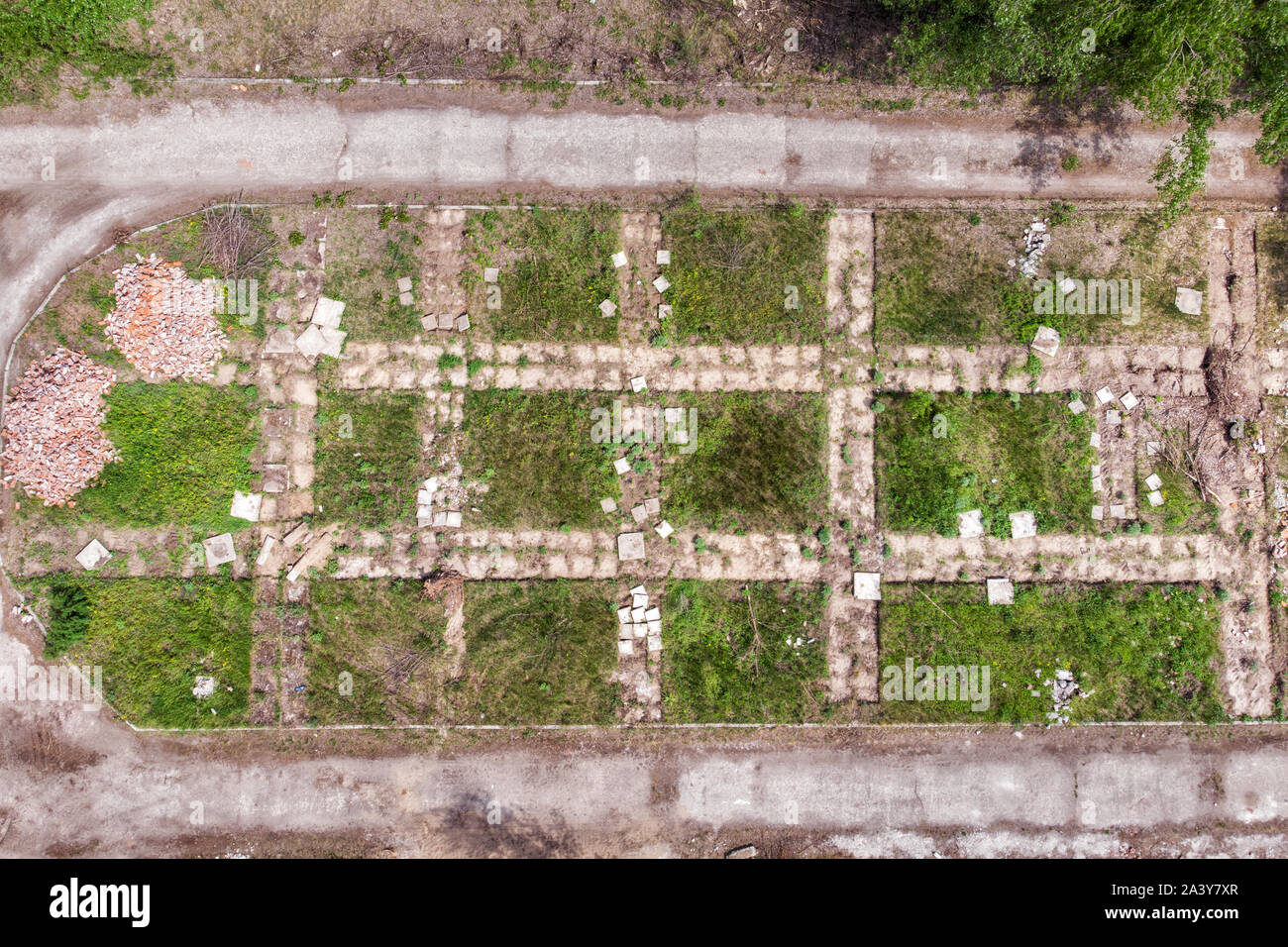 Aerial drone view of old demolished industrial building. Pile of ...