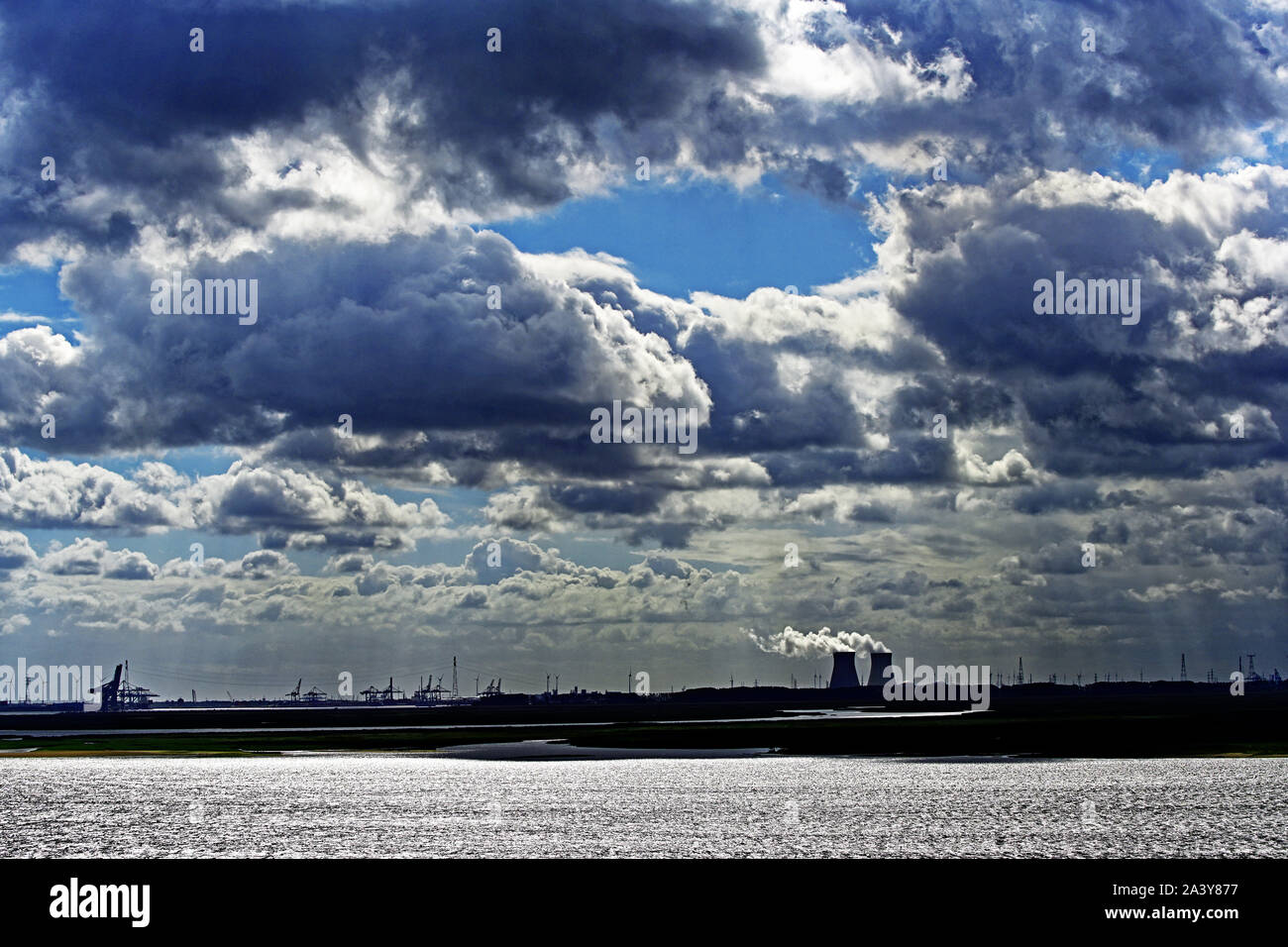 Antwerp Belgium August 10 2019 container cranes windfarm and two power ...