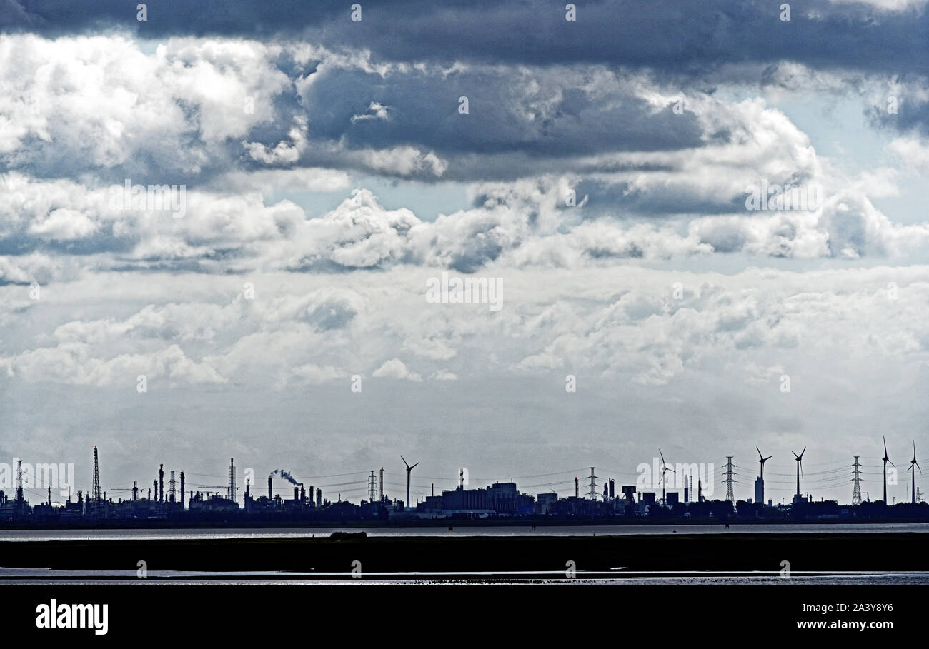 Antwerp Belgium August 10 2019 power lines windfarms and pylon towers ...