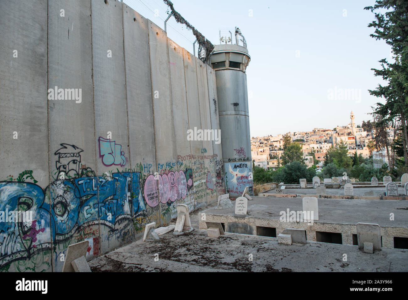 Israeli West Bank barrier or wall viewed from the Palestinian barrier ...