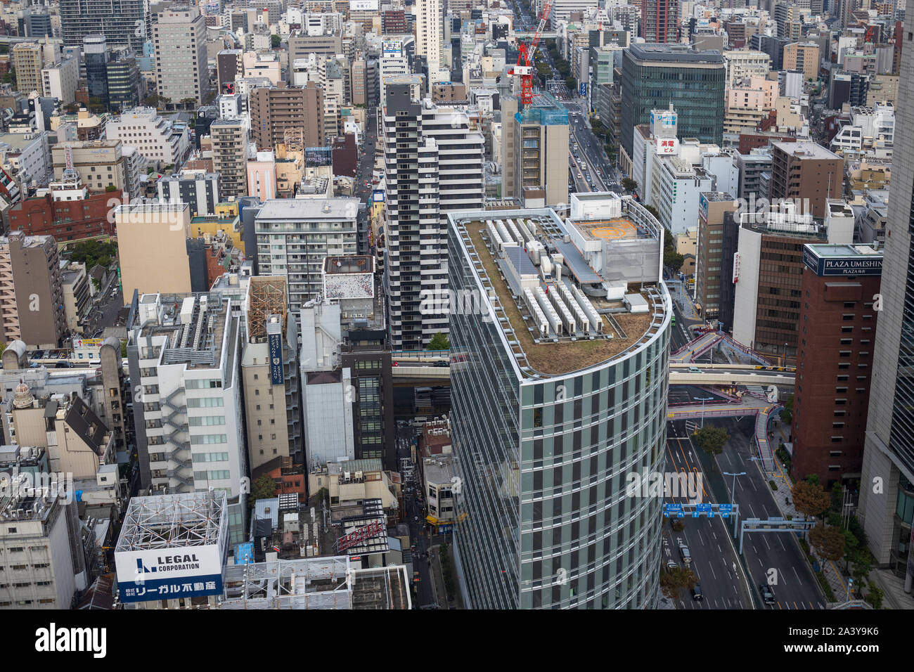 Osaka, Japan - September 22, 2019: Looking down on tall office ...