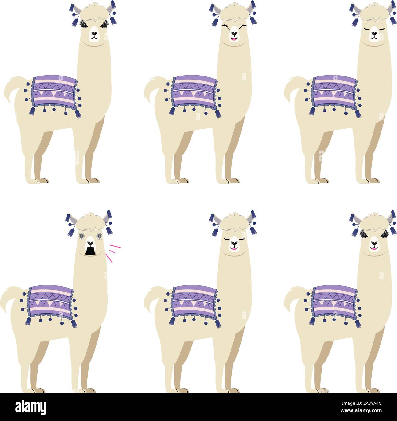 Cute cartoon llama with traditional colorful blanket, different ...