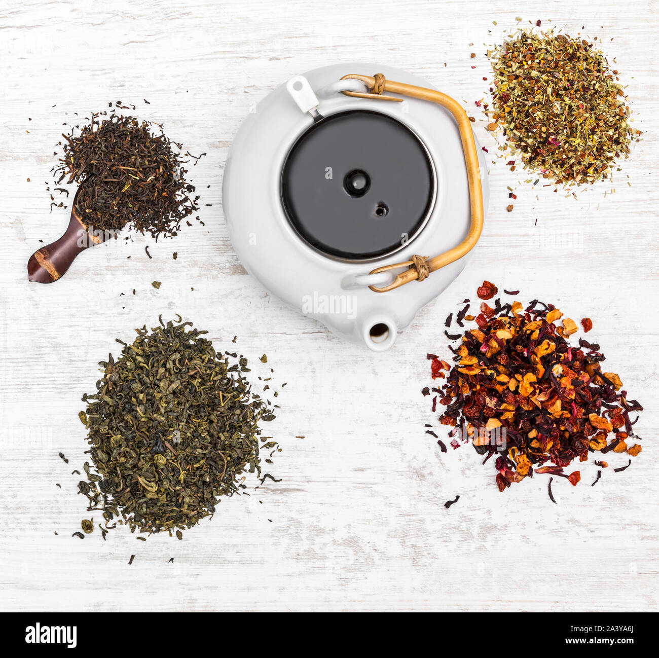 Bird eye view of a table with a kettle and four heaps of various teas ...