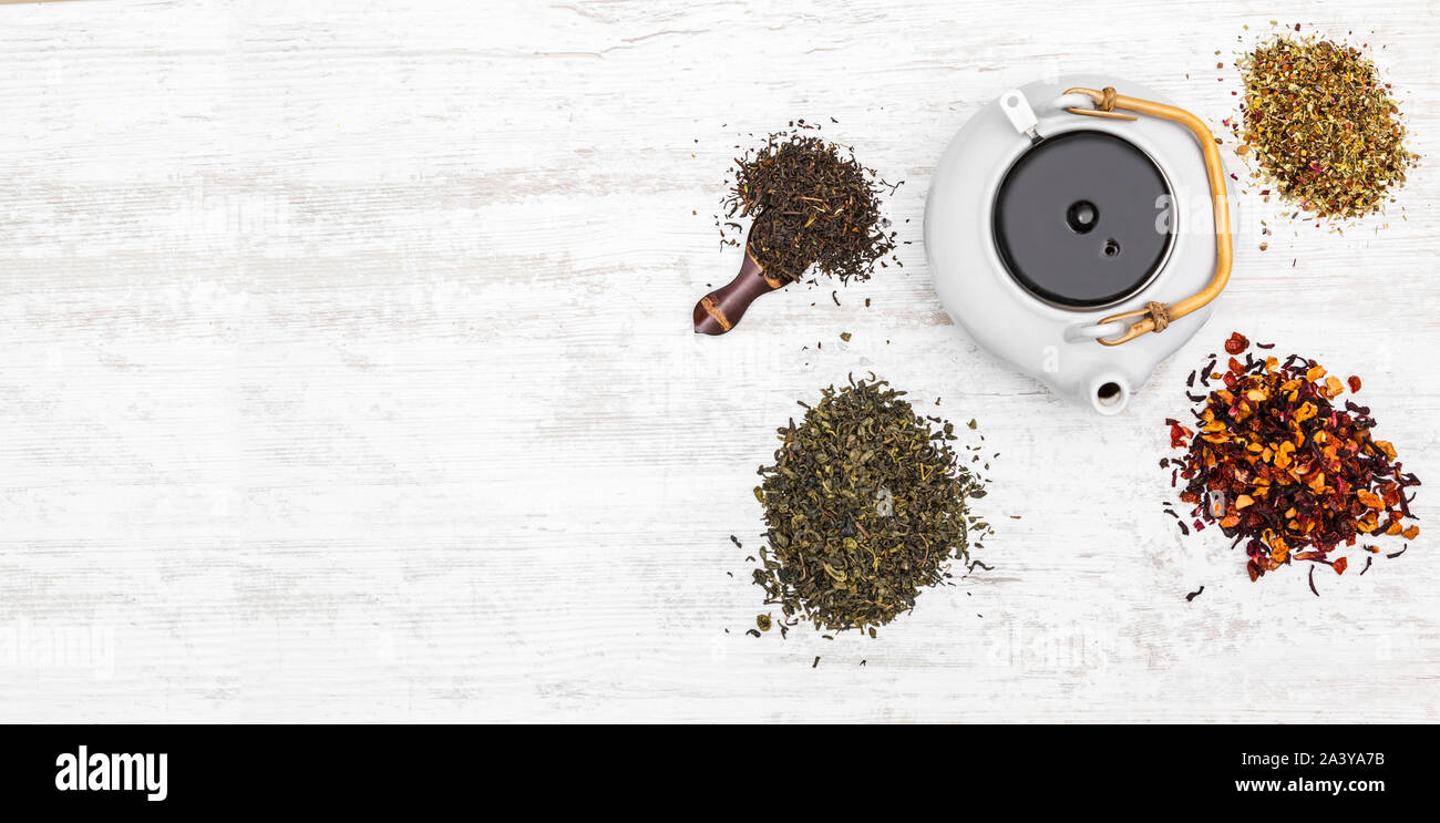 Bird eye view of a table with a kettle and four heaps of various teas ...