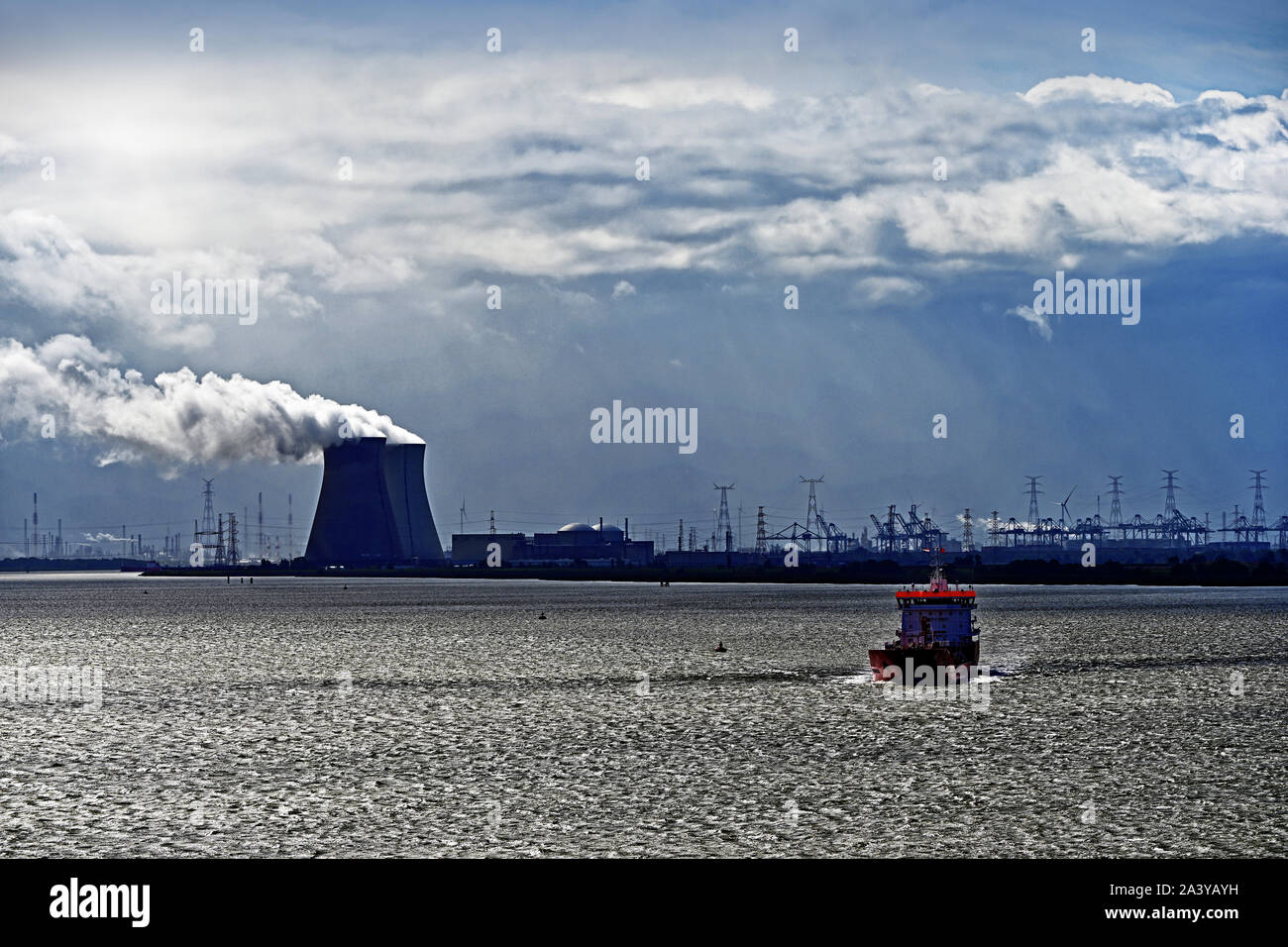 Antwerp Belgium August 10 2019 power lines windfarm and two power ...