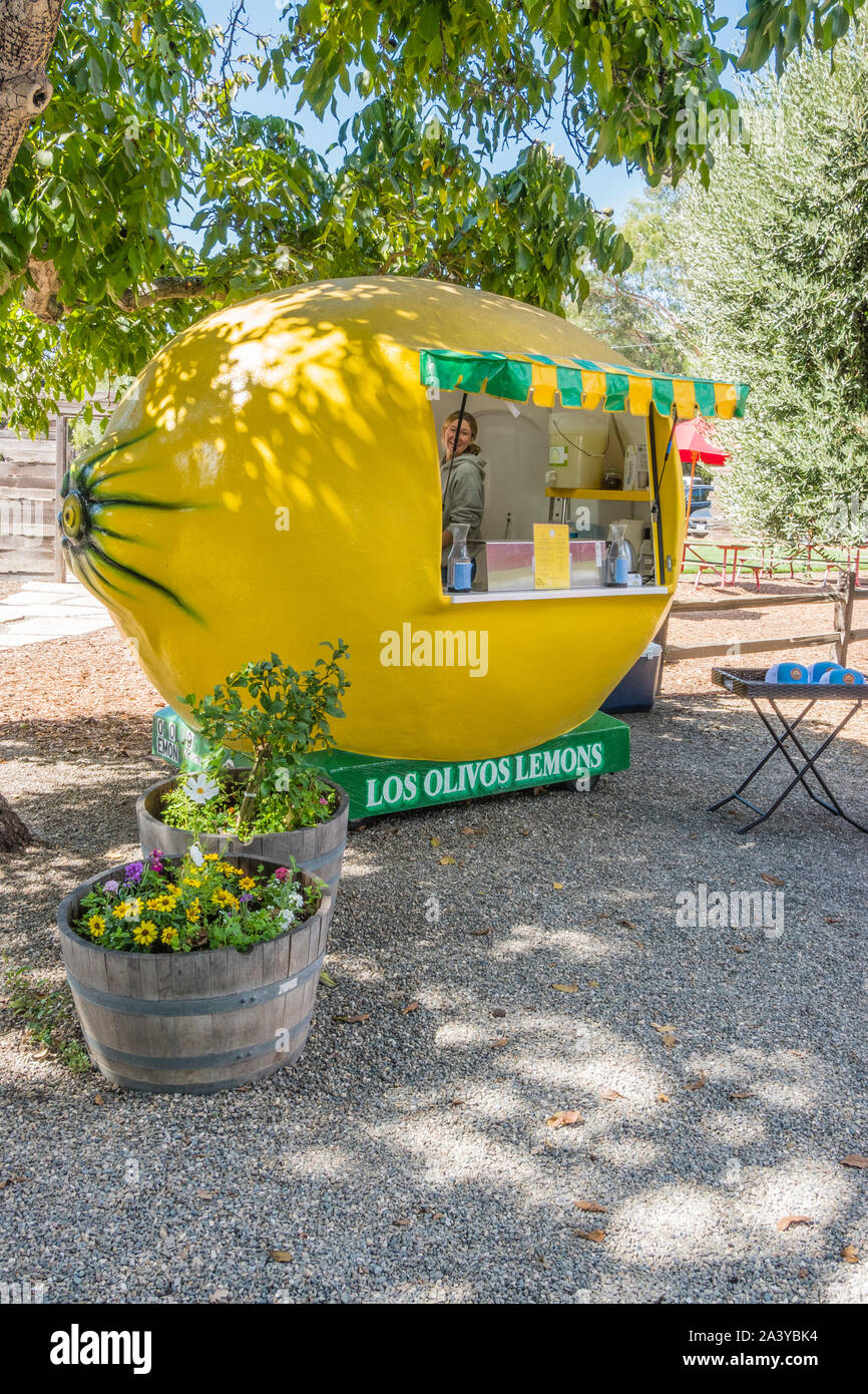 Lemon shaped structure selling lemonade in Los Olivos, California Stock ...