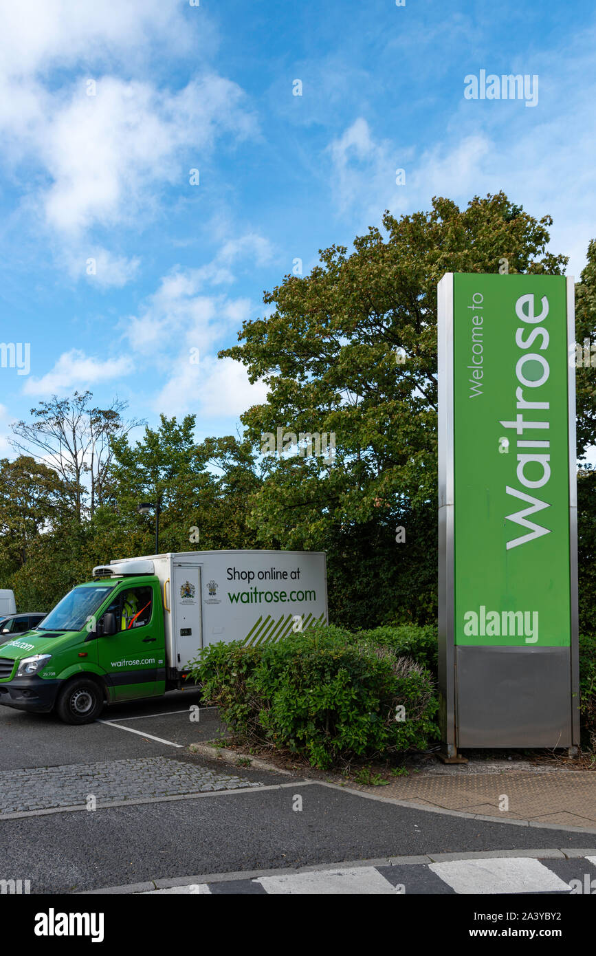 Waitrose home delivery van parked in Waitrose carpark with sign at ...