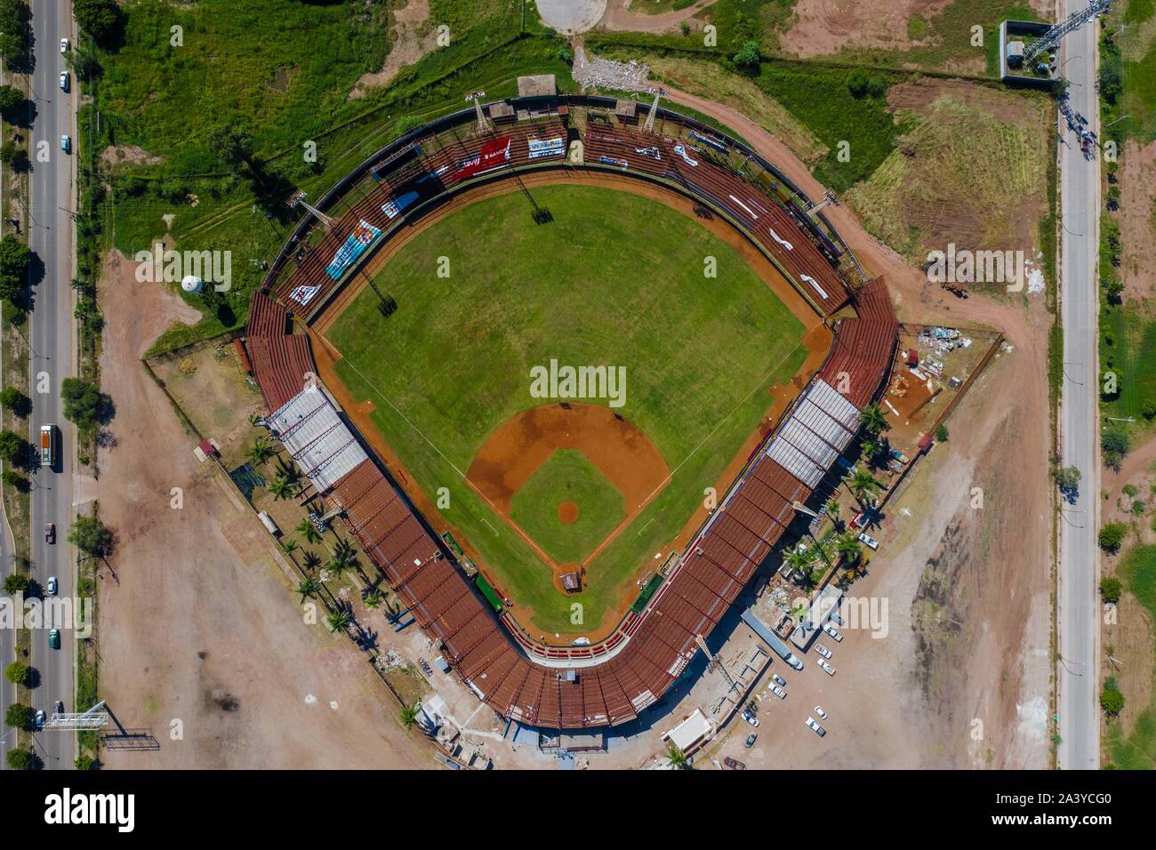 Aerial view, aerial photography of the Navojoa Mayan Baseball Stadium ...