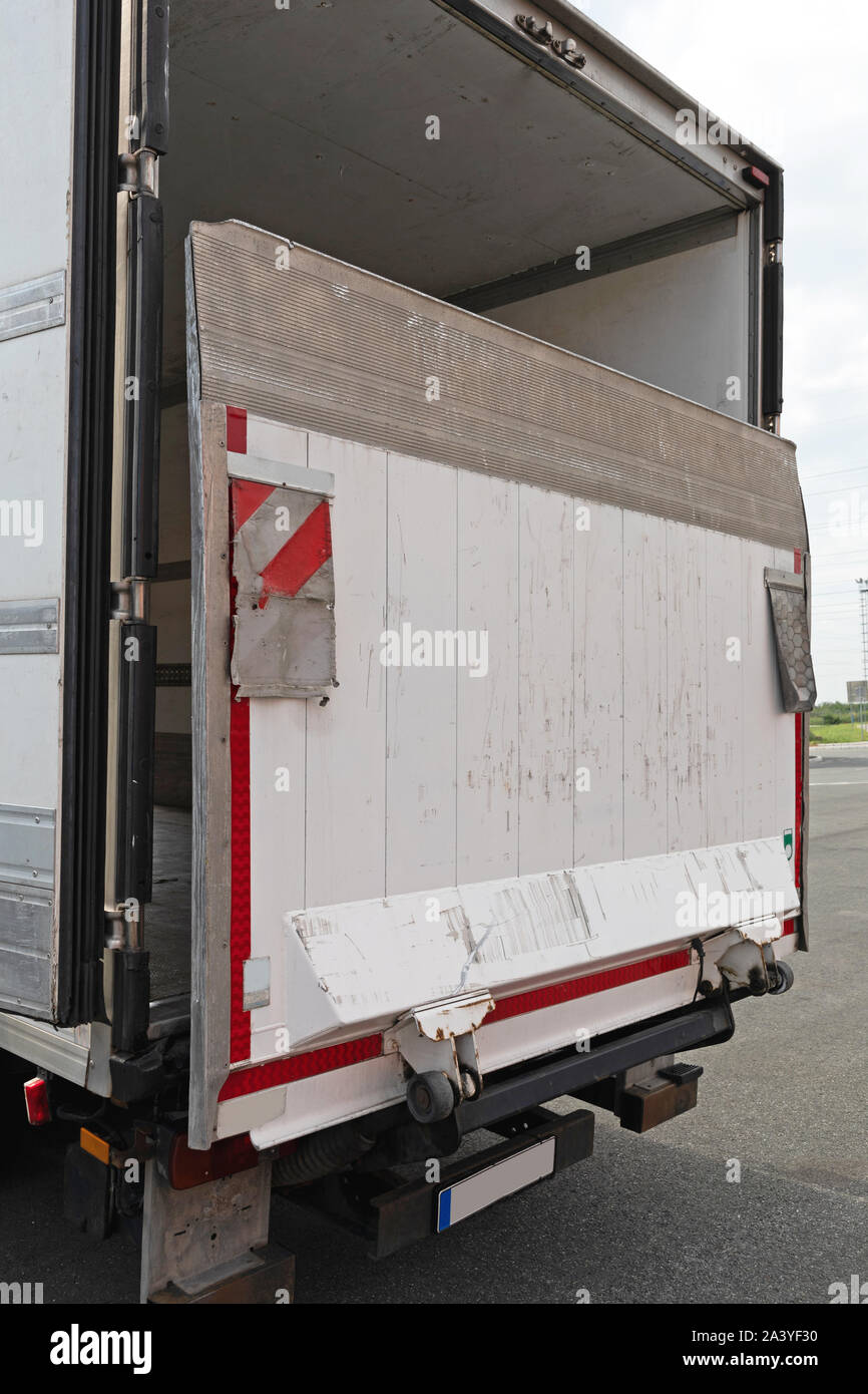 Loading Lift Ramp at Cargo Truck Transport Stock Photo - Alamy