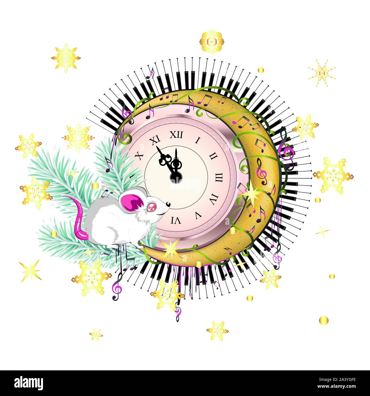 Cute cartoon white mouse or rat with retro clock, fir tree branches and ...