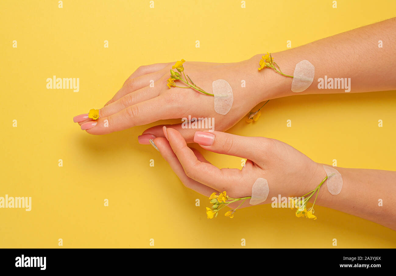 Hands art flower natural cosmetics women, yellow beautiful, spring ...