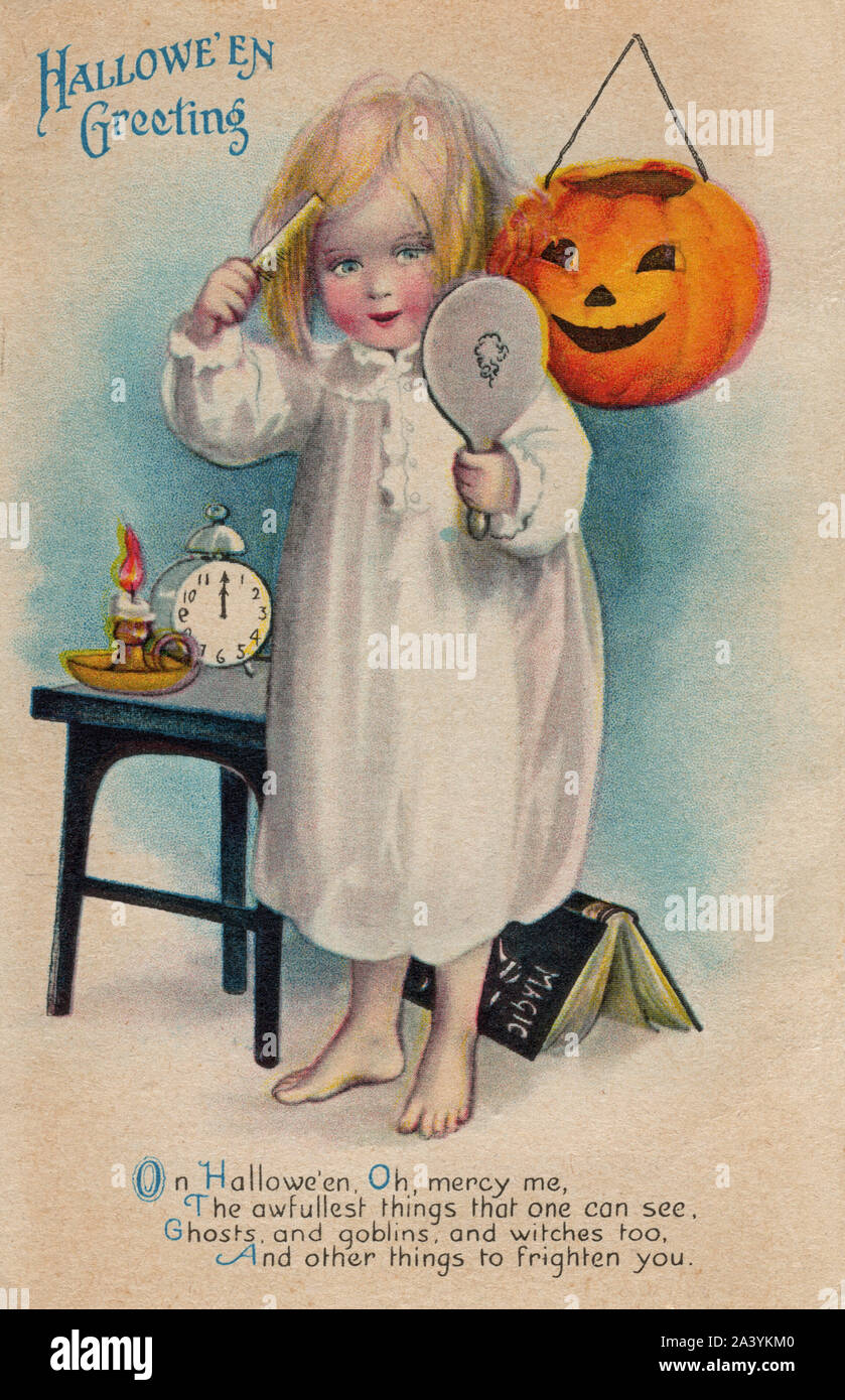 Retro Halloween illustration from the 1900s depicting a little girl, a ...